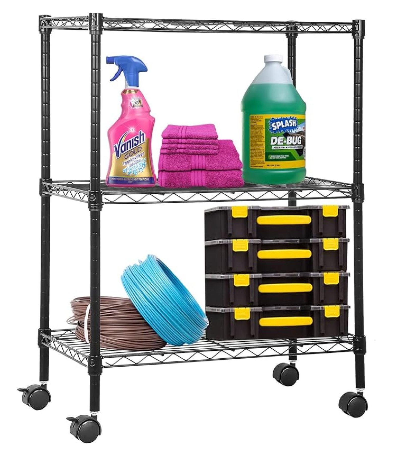 PINDEE | 3-Tier Wire Shelf with Wheels | 23"x13"x31" | Black ...