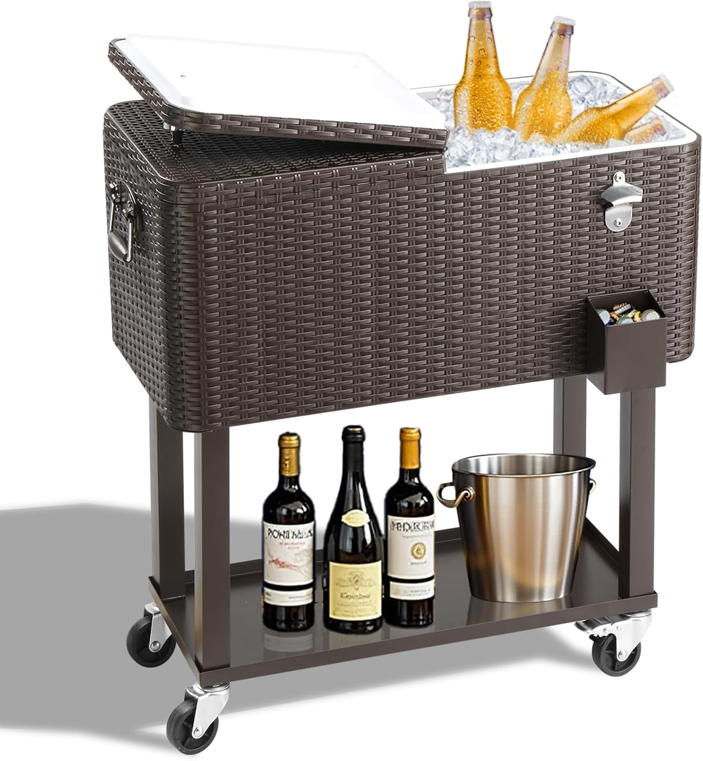 PINDEE 80 Quart Rolling Ice Chest, Portable Bar Drink Cooler with Catch ...