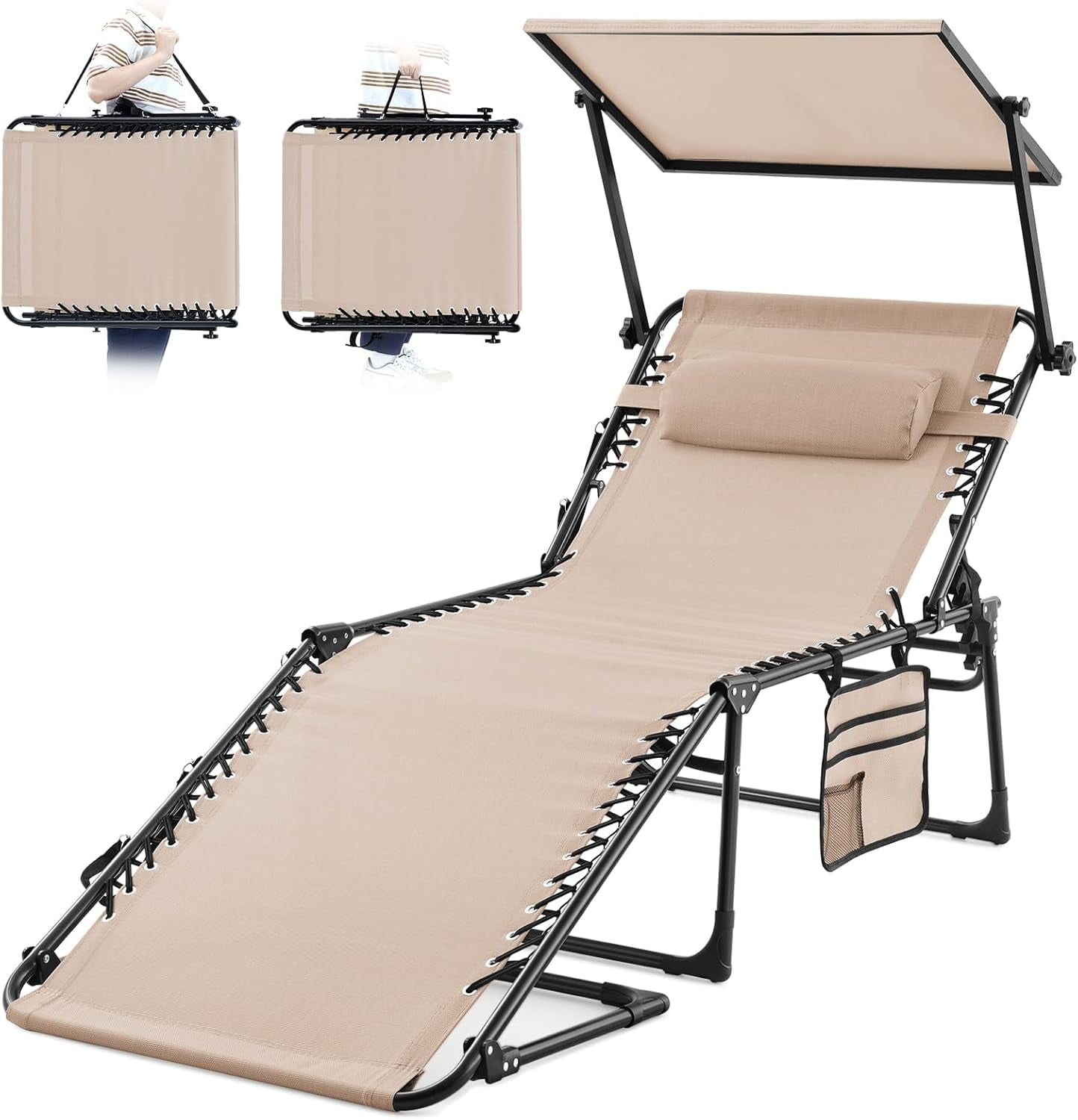 PINDEE Chaise Lounge Beach Outdoor Chair with Facial Sun Shade, Upgraded Portable Easy2Carry 5 ...