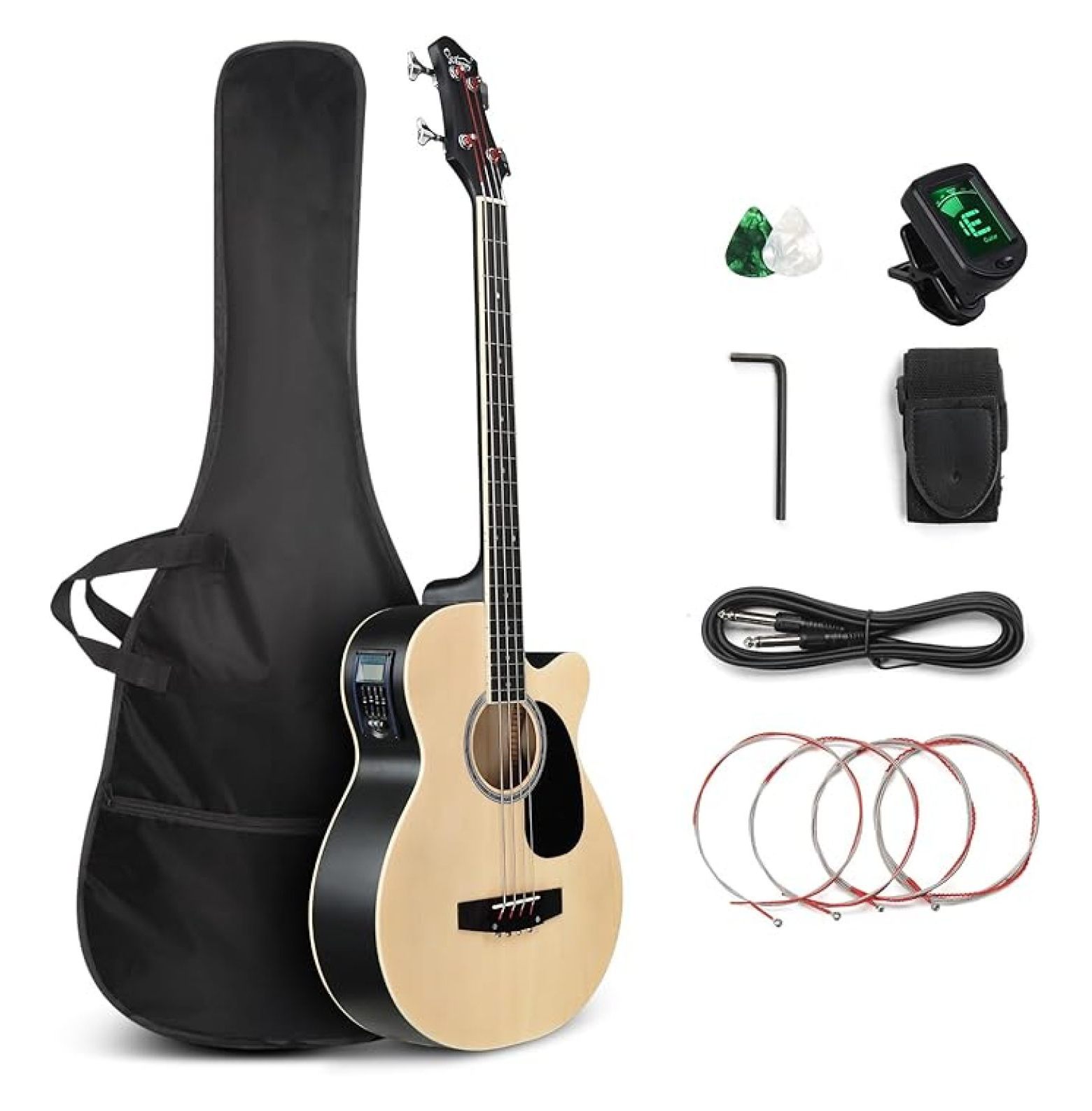 PINDEE Full Size Acoustic Electric Bass Guitar Beginner Kit, Cutaway 4 ...