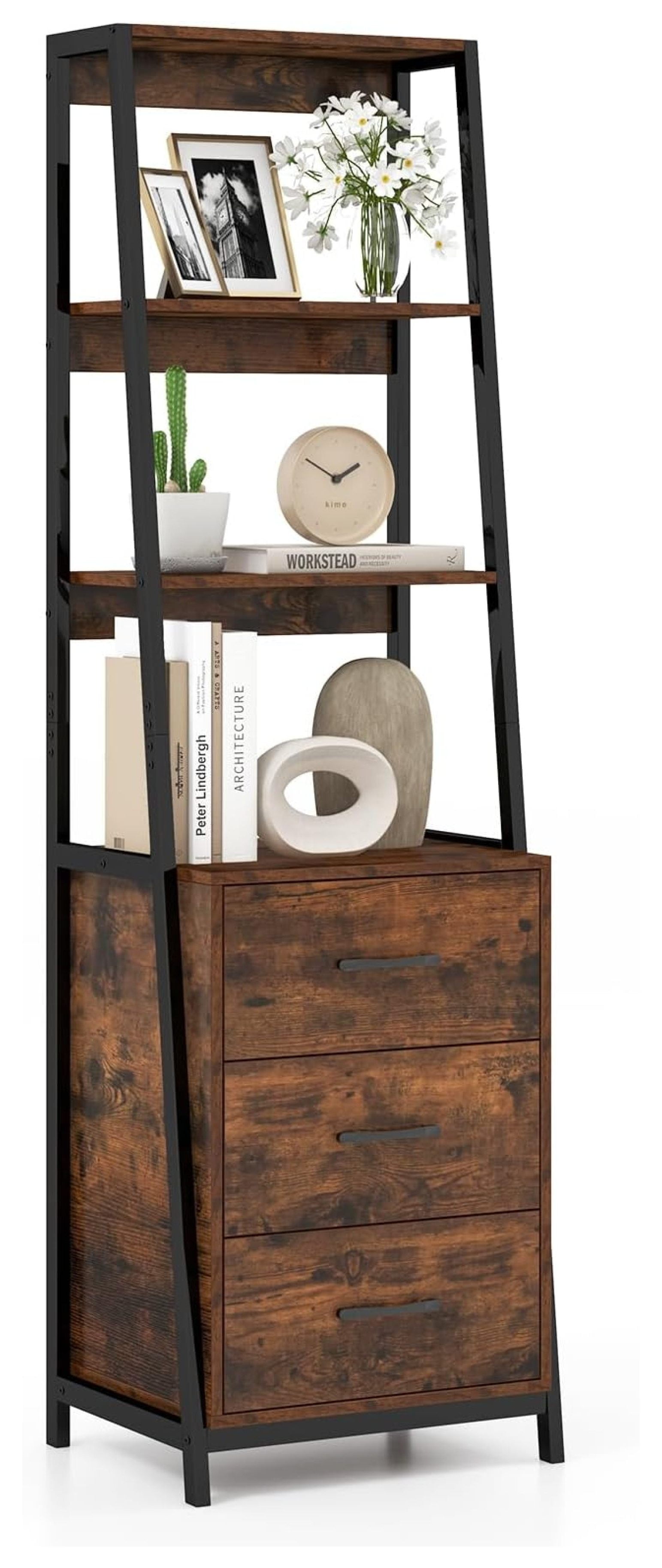 PINDEE Industrial Ladder Bookshelf, Freestanding 4-Tier Bookcase with 3 ...