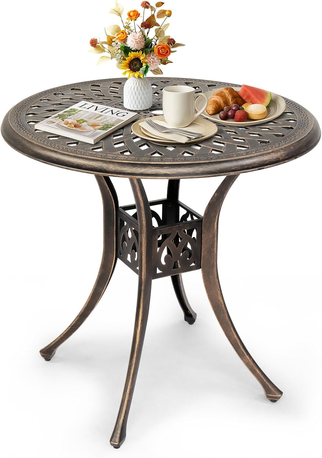 PINDEE Patio Side Table, 30.7in Outdoor Round Cast Aluminum Bistro Table with Umbrella Hole and ...