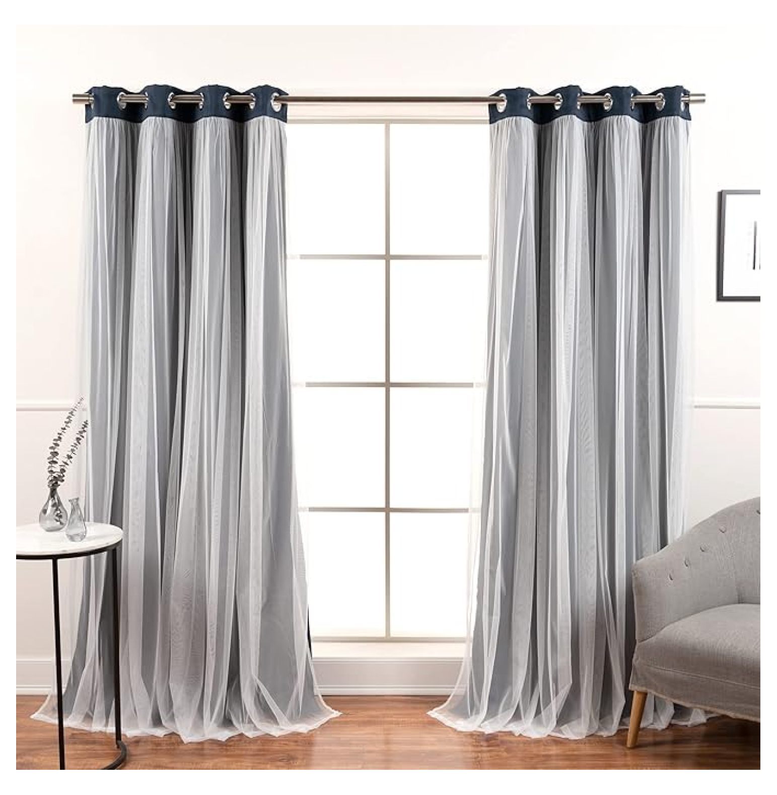 PINDEE Set of 2 Lace Tulle Overlay Thermal Insulated Solid Blackout ...