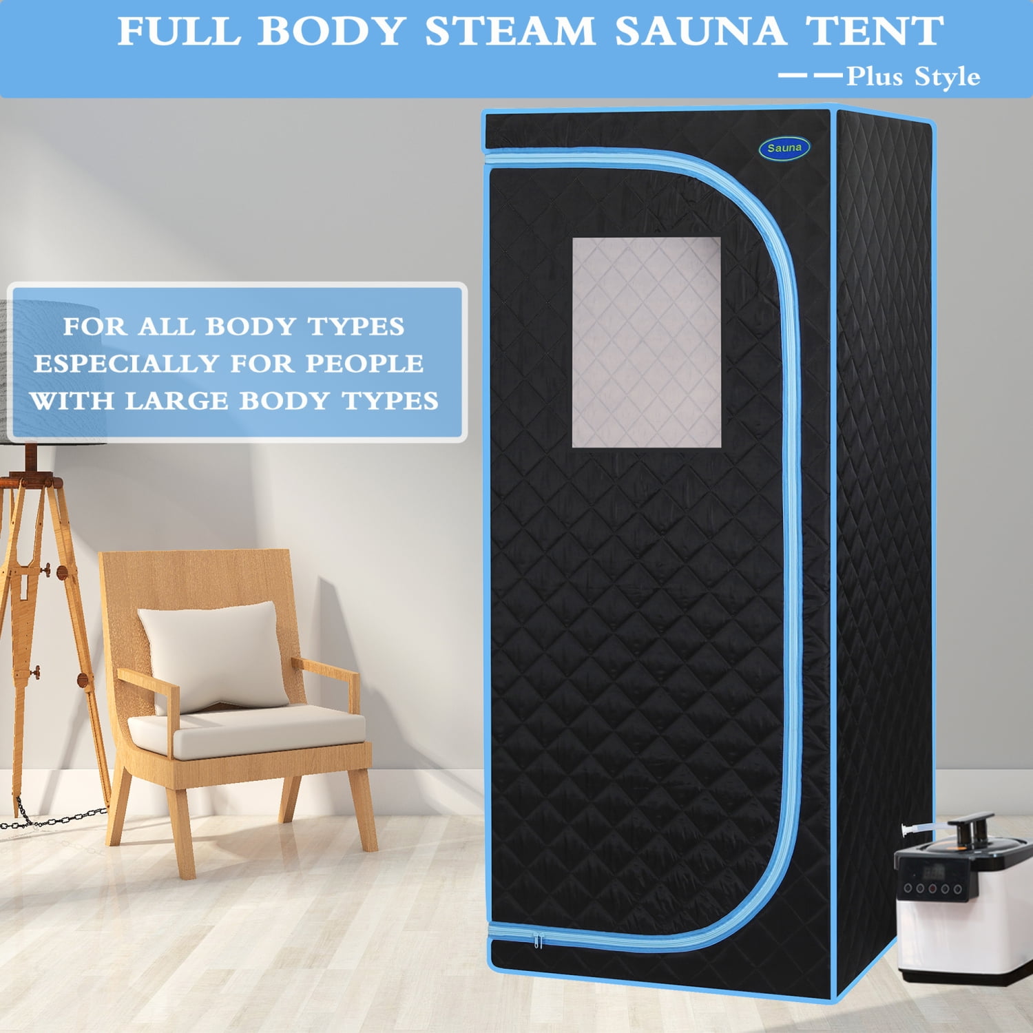 PINGCNG Black(Blue binding) Portable Plus Full Size Steam Sauna Tent ...