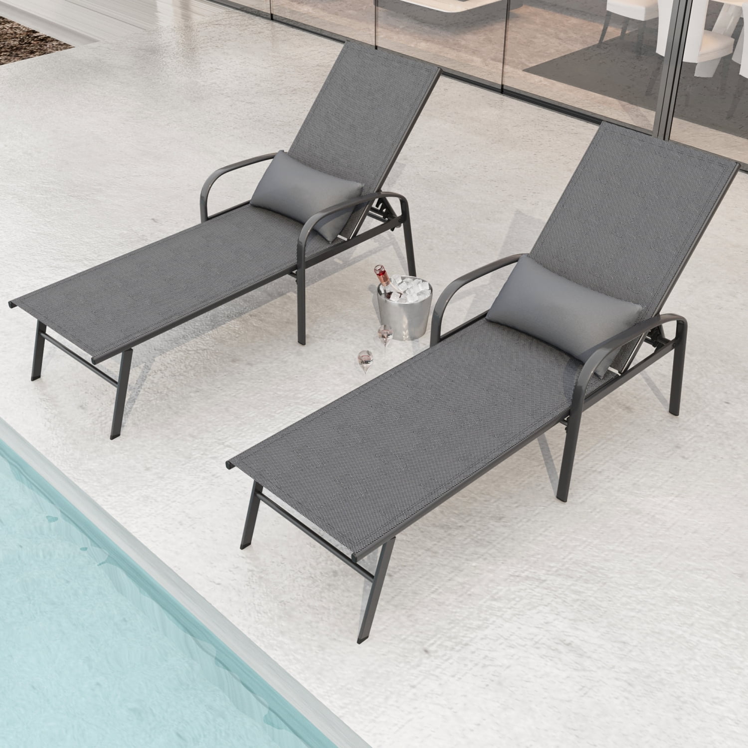 PINGCNG Gray Color Outdoor Patio Swimming Pool Lounge Set with Pillow ...
