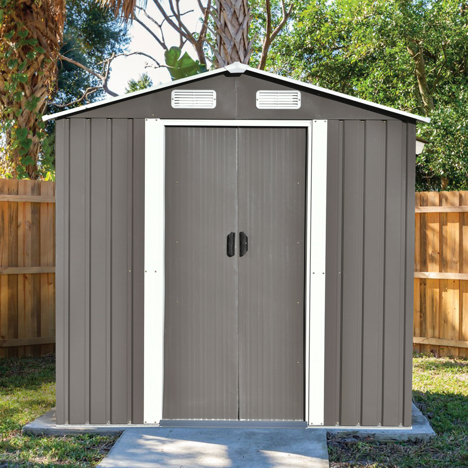 PINGCNG Topmax Gray 6ft x 4ft Metal Storage Bike Shed with Lockable Door Vented Tool Cabinet and ...