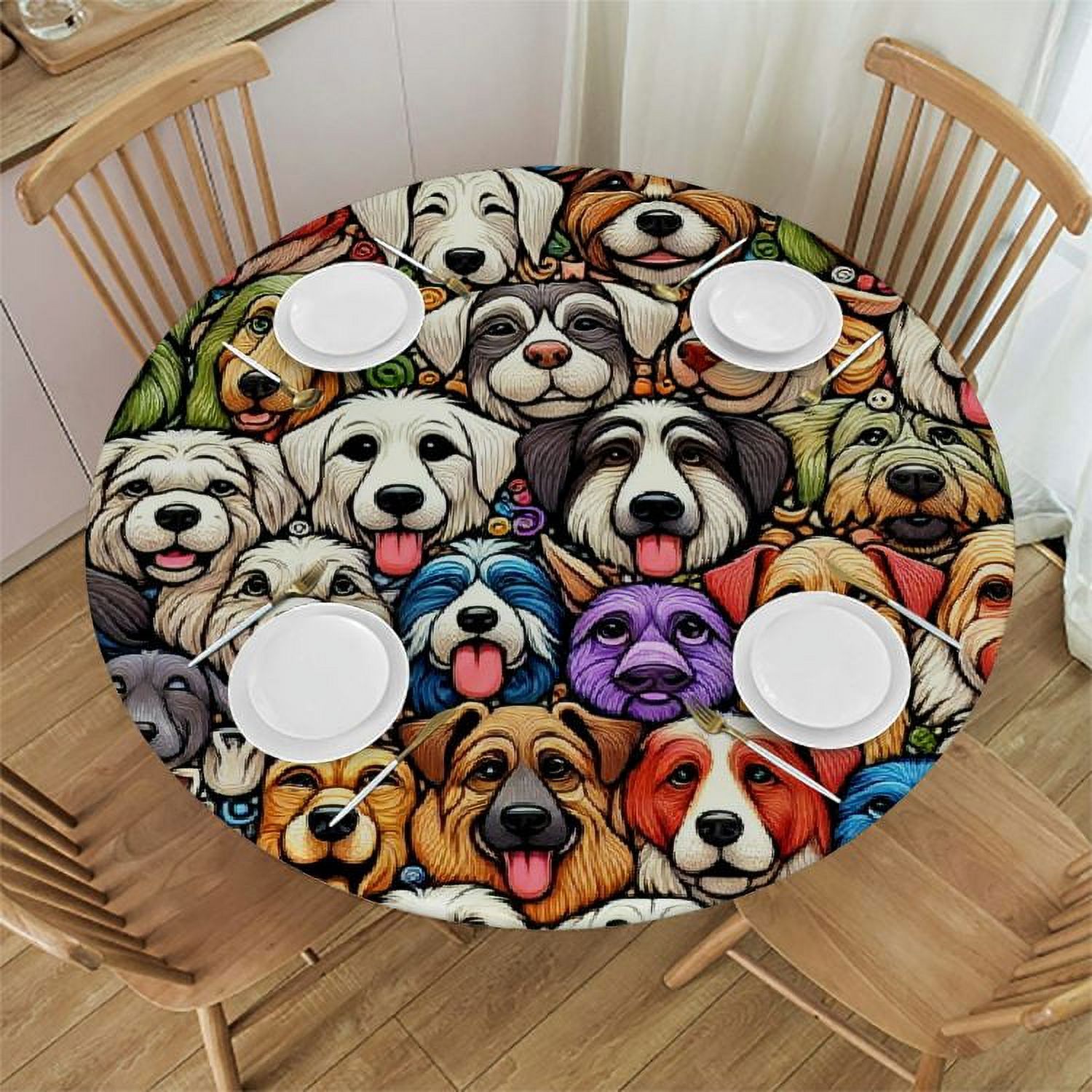 PINGXIXI Cartoon Dog Round Fitted Tablecloth, Waterproof Round Table ...