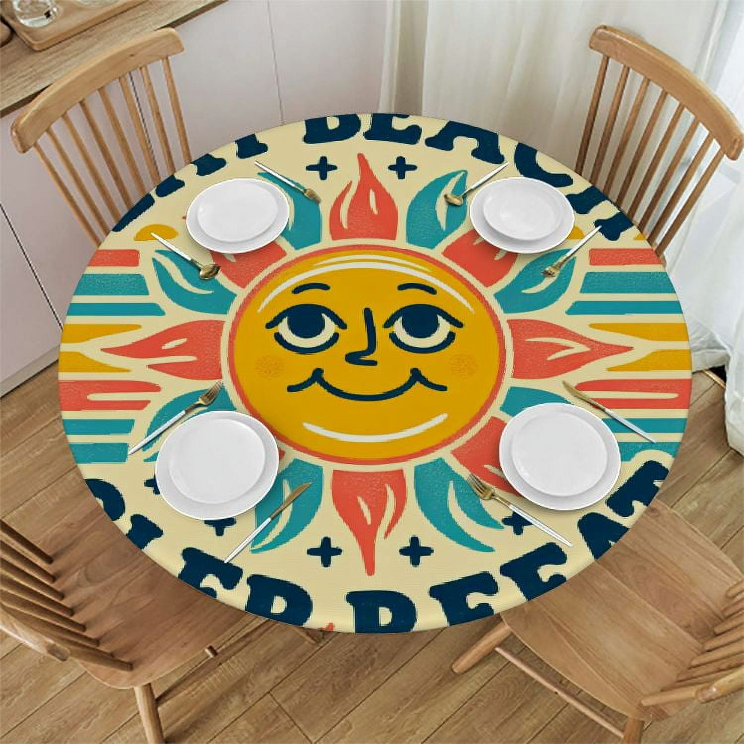 PINGXIXI Round Table Cover Elastic Tablecloth Eat Sleep Beach Repeat ...