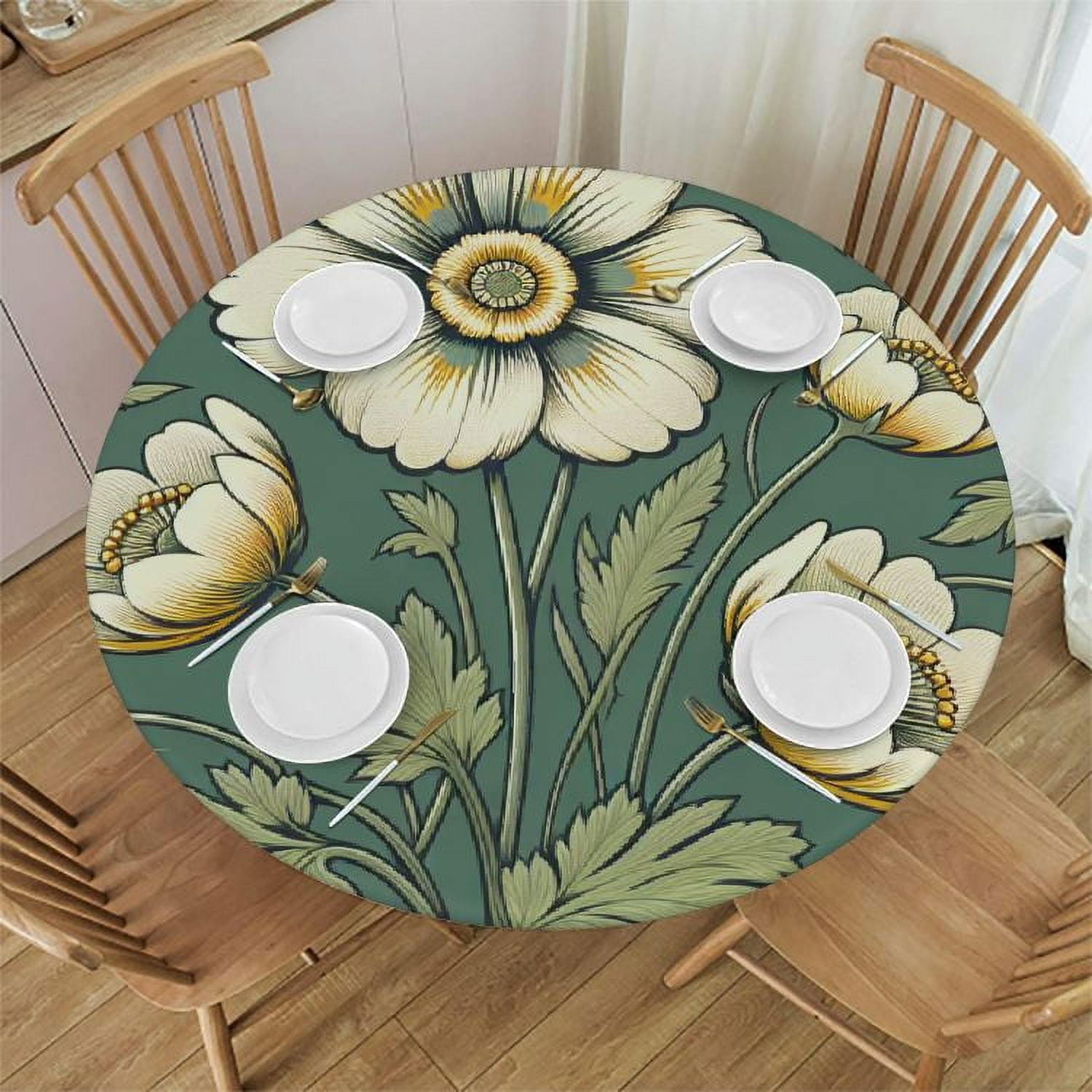 PINGXIXI Round Table Cover Elastic Tablecloth White Flowers Green ...