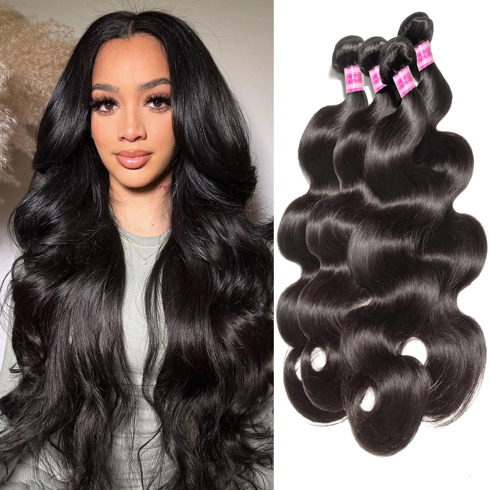 PINJUOO 4 Bundles Human Hair Body Wave 16 18 20 22 Inch 12A Grade Human ...