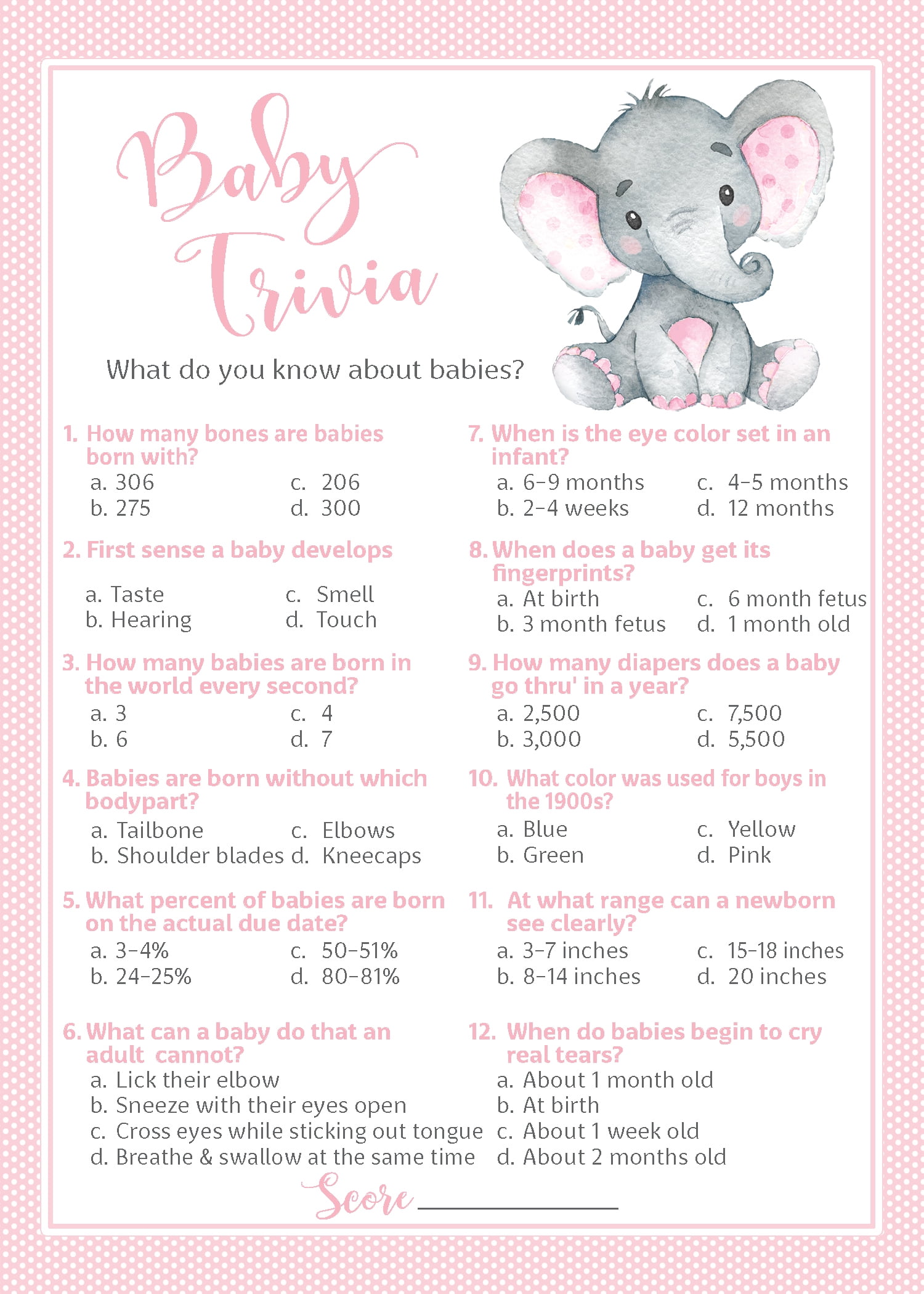 PINK ELEPHANT Baby Shower Game — BABY TRIVIA Baby Shower Games — Pack ...