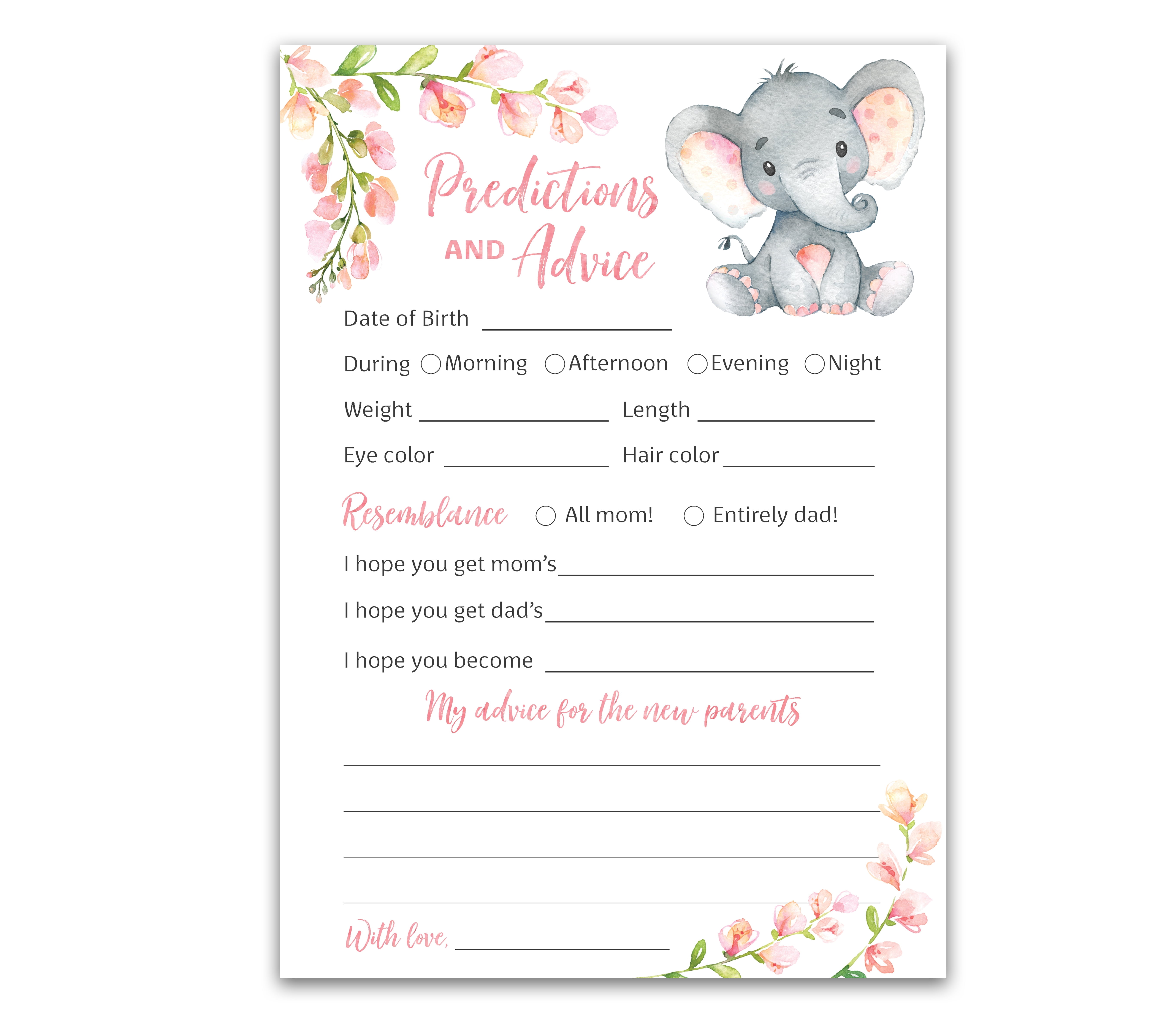 Pink Elephant Baby Shower Prediction & Advice Cards - 25 Pack, Floral ...