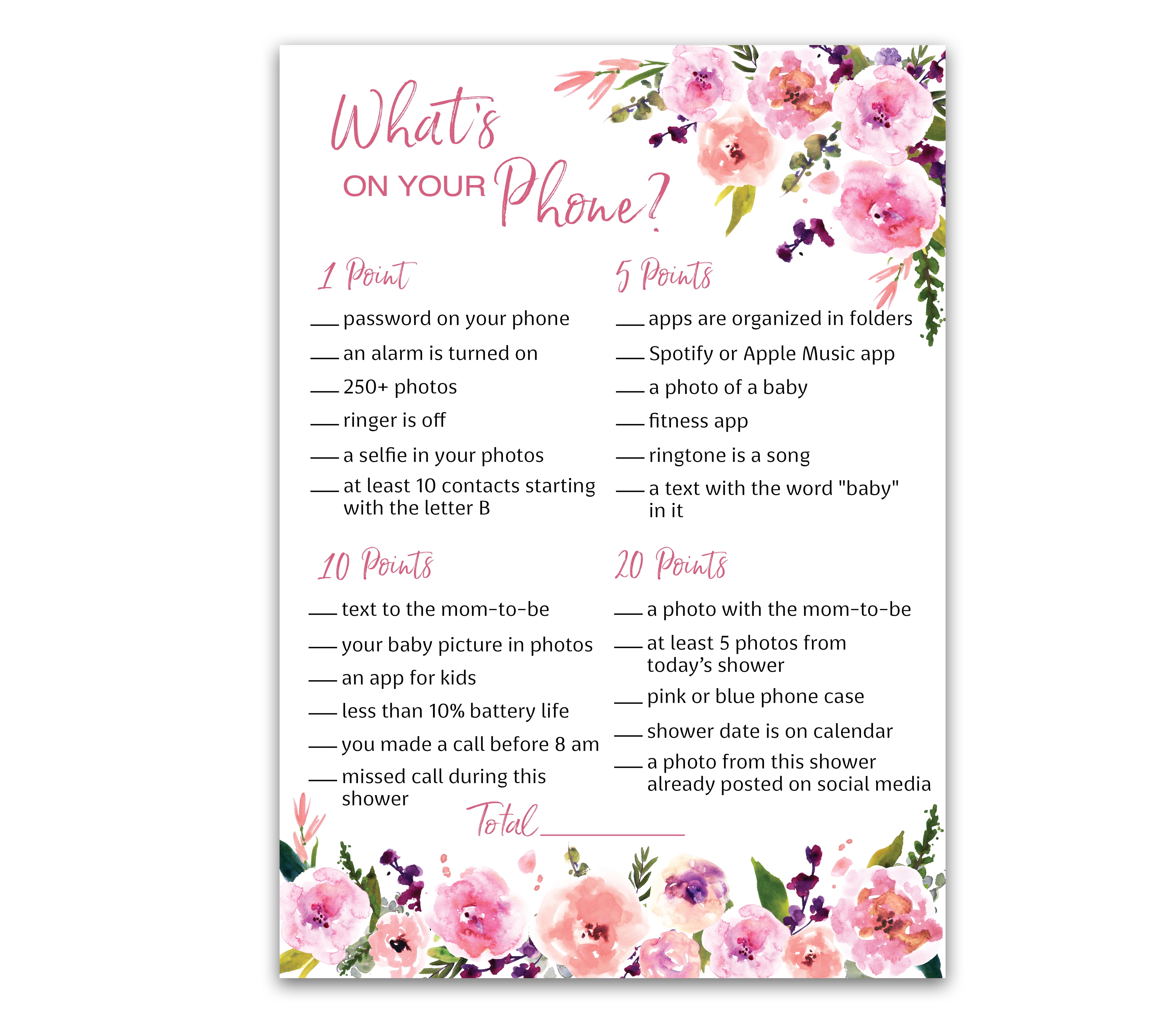 PINK FLORAL Baby Shower Games — WHAT'S ON YOUR PHONE Baby Shower Game ...