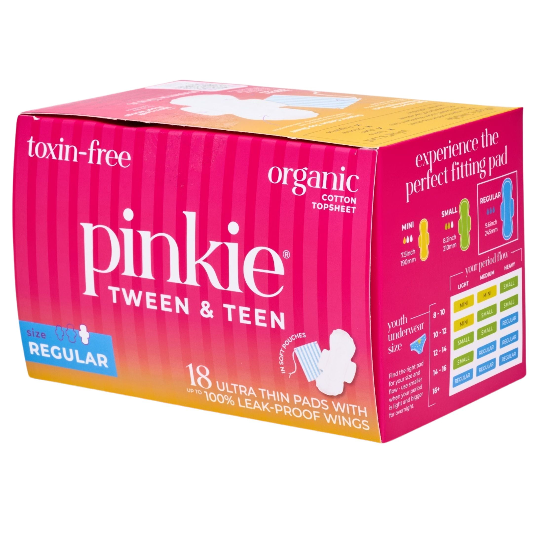 Pinkie Organic Cotton Teen Pads, Regular, Ultra-Thin Leakproof Wings ...