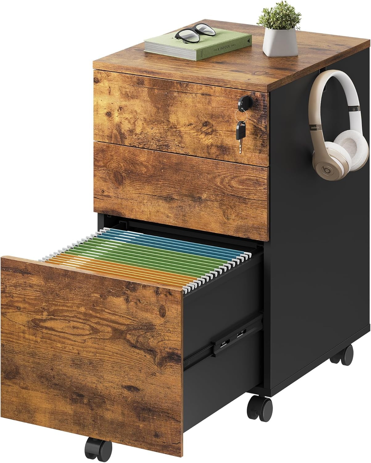 PINKYA 3 Drawer Rolling File Cabinet with Lock, Wood Under Desk Filing ...