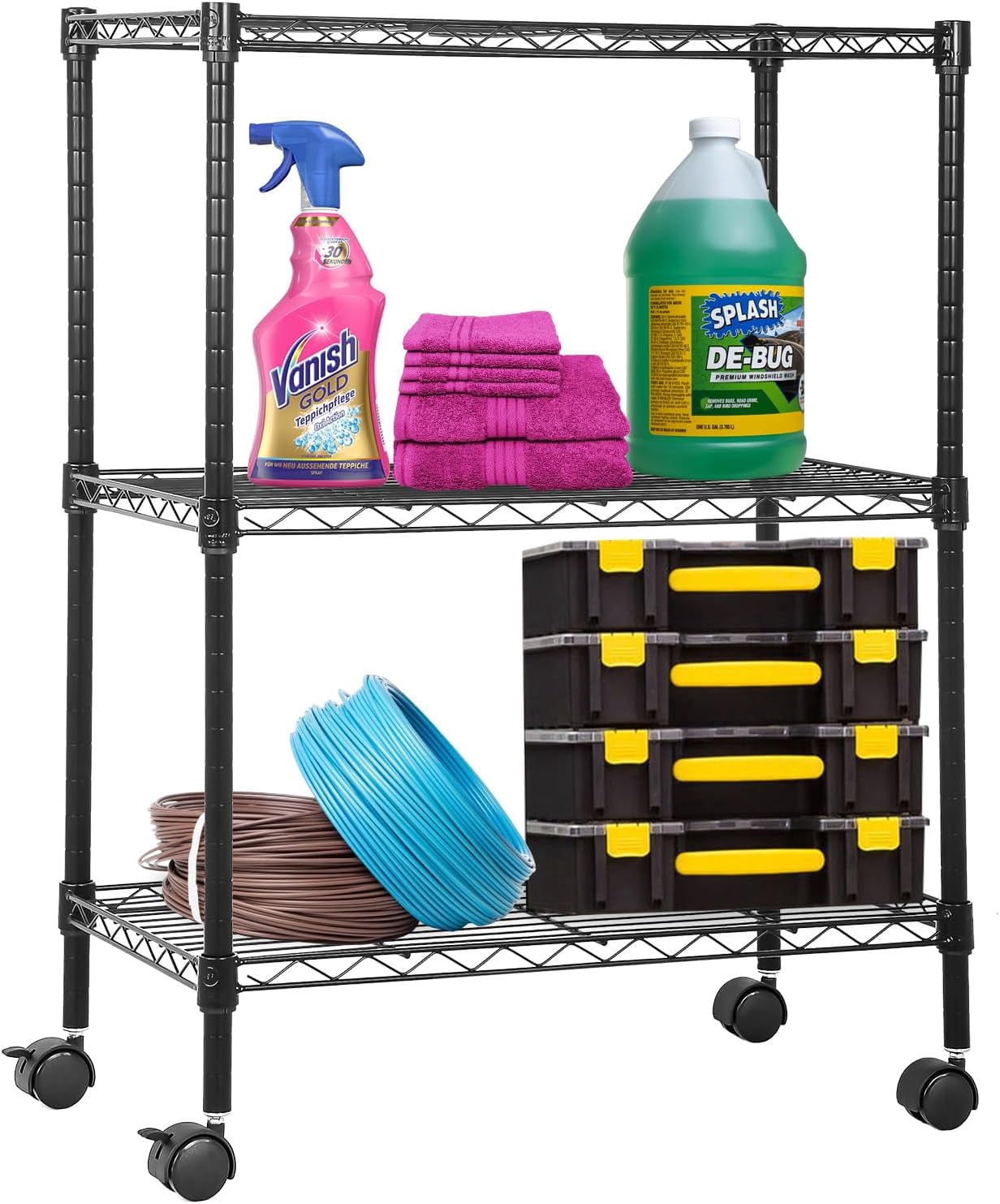 PINKYA 3-Tier Adjustable Metal Storage Rack with Wheels Mesh Shelving ...