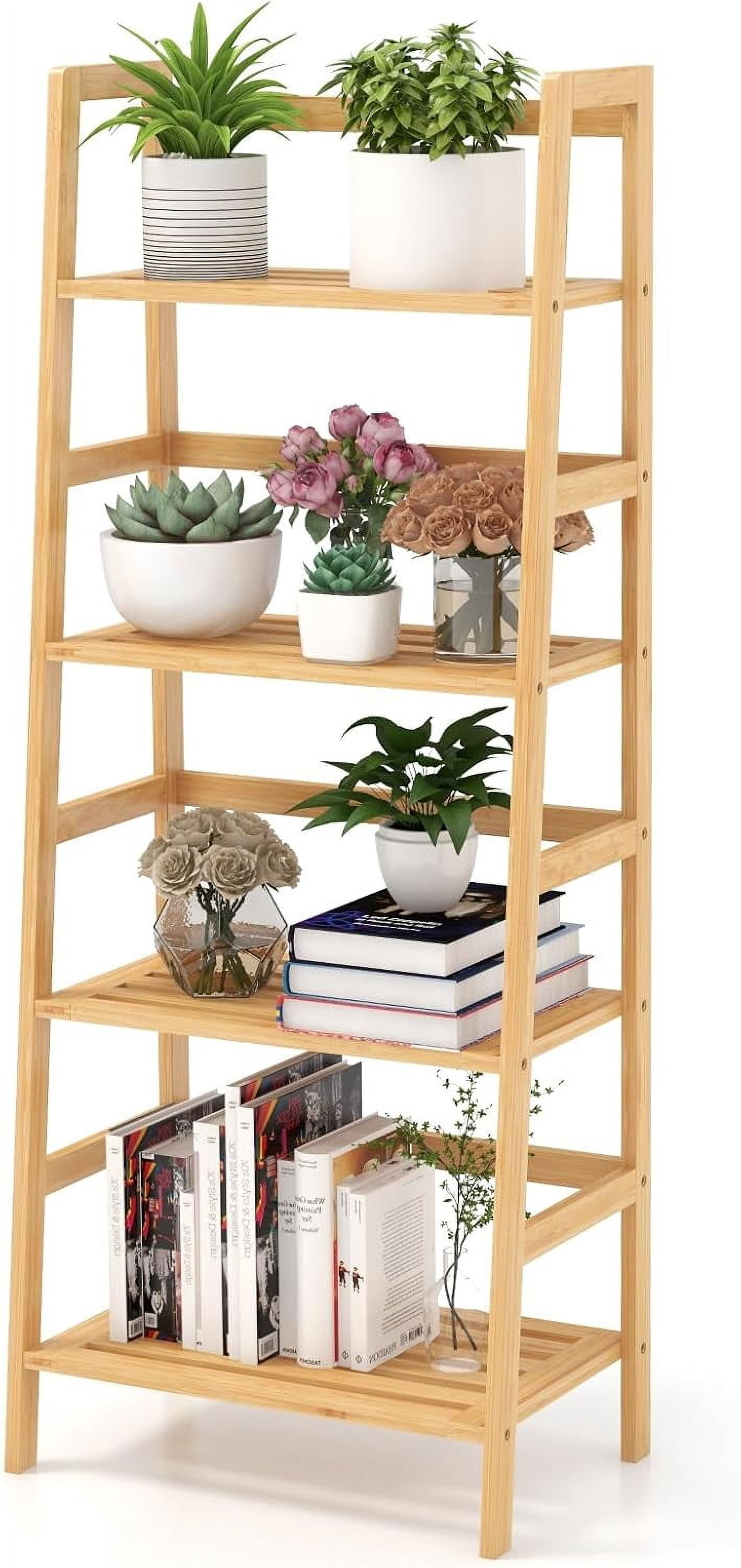 PINKYA 4 Tier Bamboo Bookshelf, Freestanding Open Bookcase Book Shelf ...
