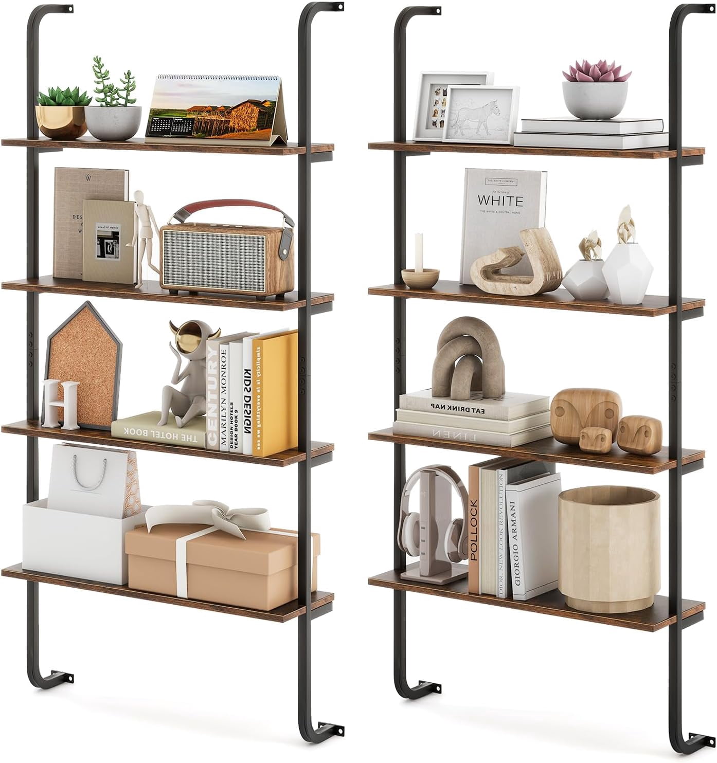PINKYA 4-Tier Industrial Bookshelf Set of 2, Wall Mounted Pipe Shelving ...