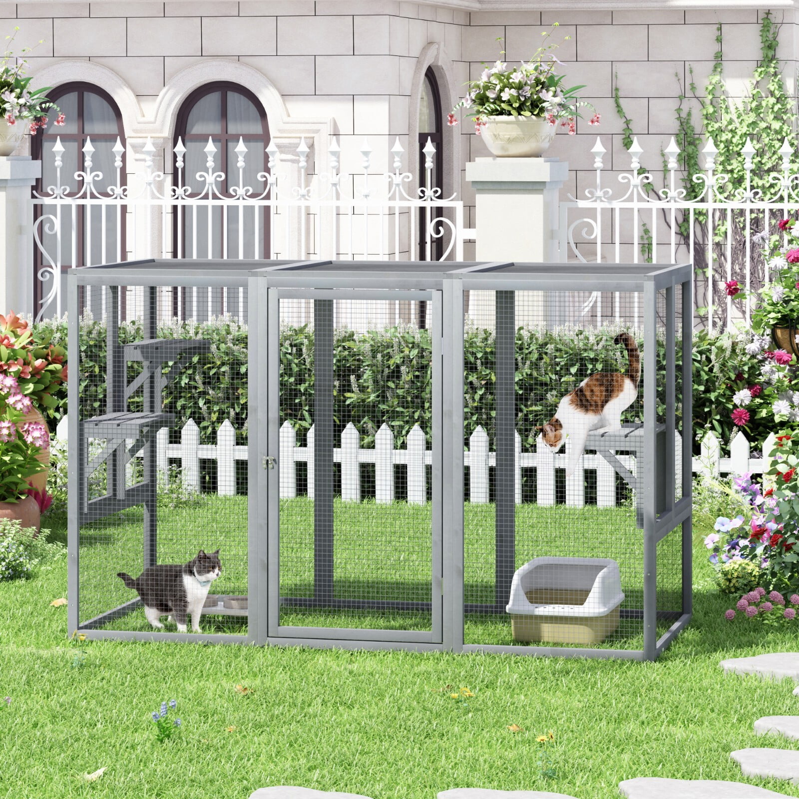 PINKYA 43.5" High Large Wooden Cat Enclosure – Outdoor Catio Cage with ...