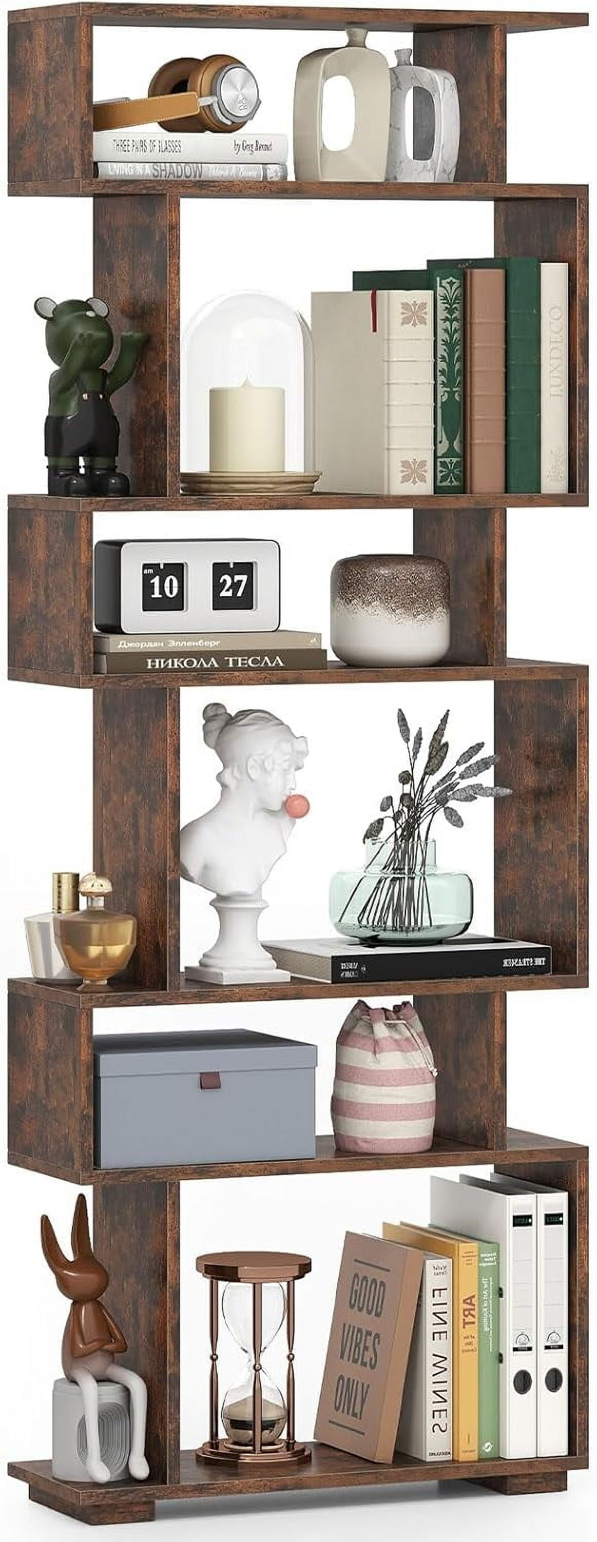 PINKYA 6-Tier Geometric Bookshelf, S-Shaped Bookcase with 2 Anti-Tipping Kits, Wooden Display ...