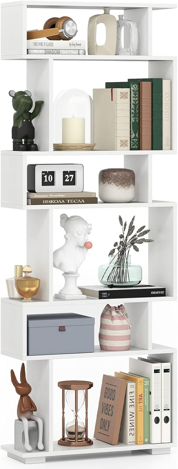 PINKYA 6-Tier Geometric Bookshelf, S-Shaped Bookcase with 2 Anti-Tipping Kits, Wooden Display ...