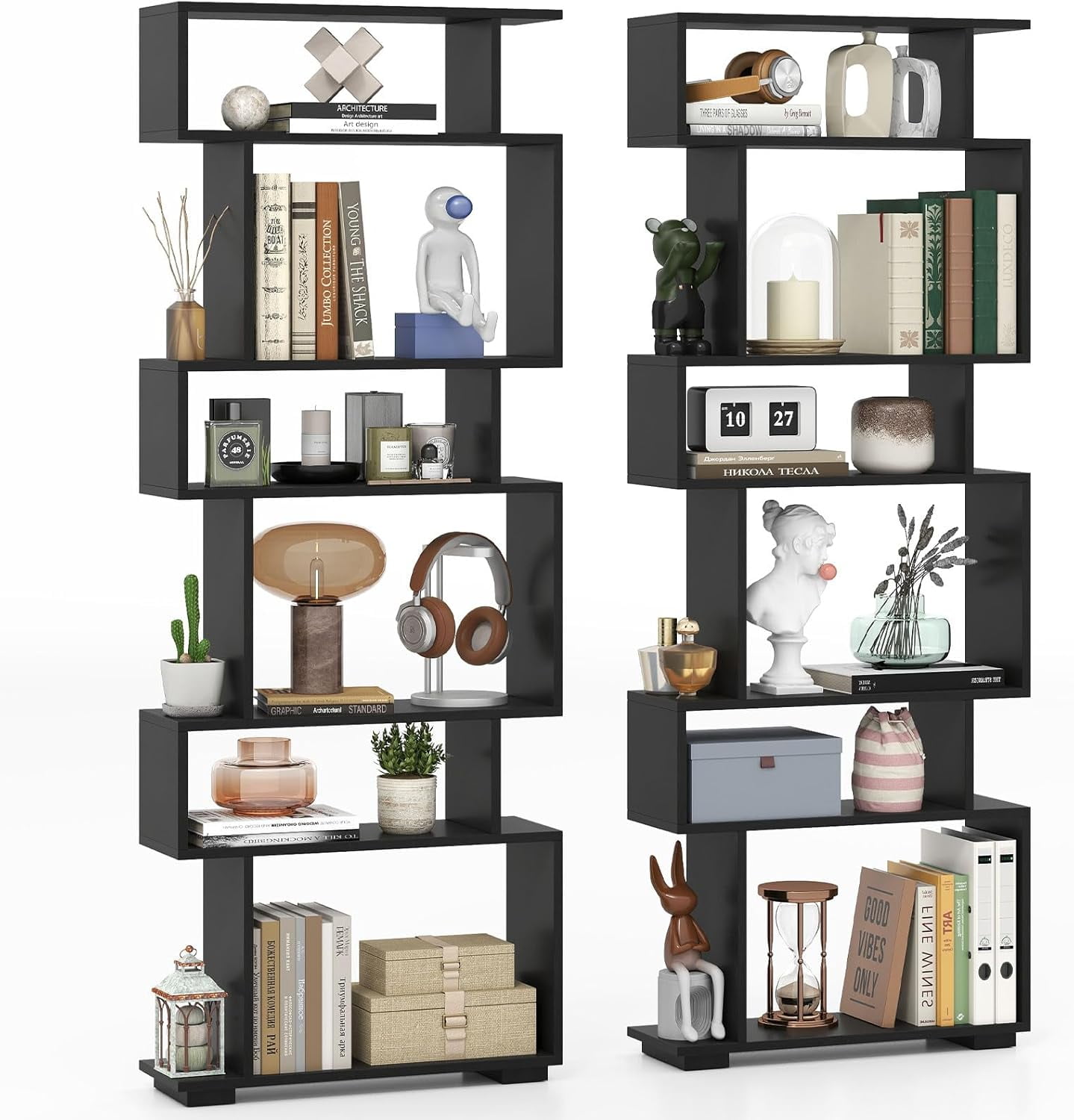 PINKYA 6-Tier Geometric Bookshelf, S-Shaped Bookcase with 2 Anti ...