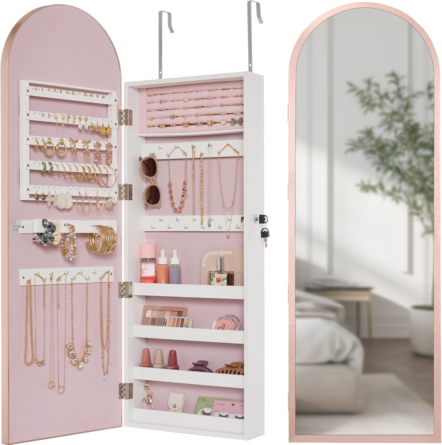 PINKYA Arch Mirror Jewelry Cabinet, Jewelry Storage Organizer, Armoire ...