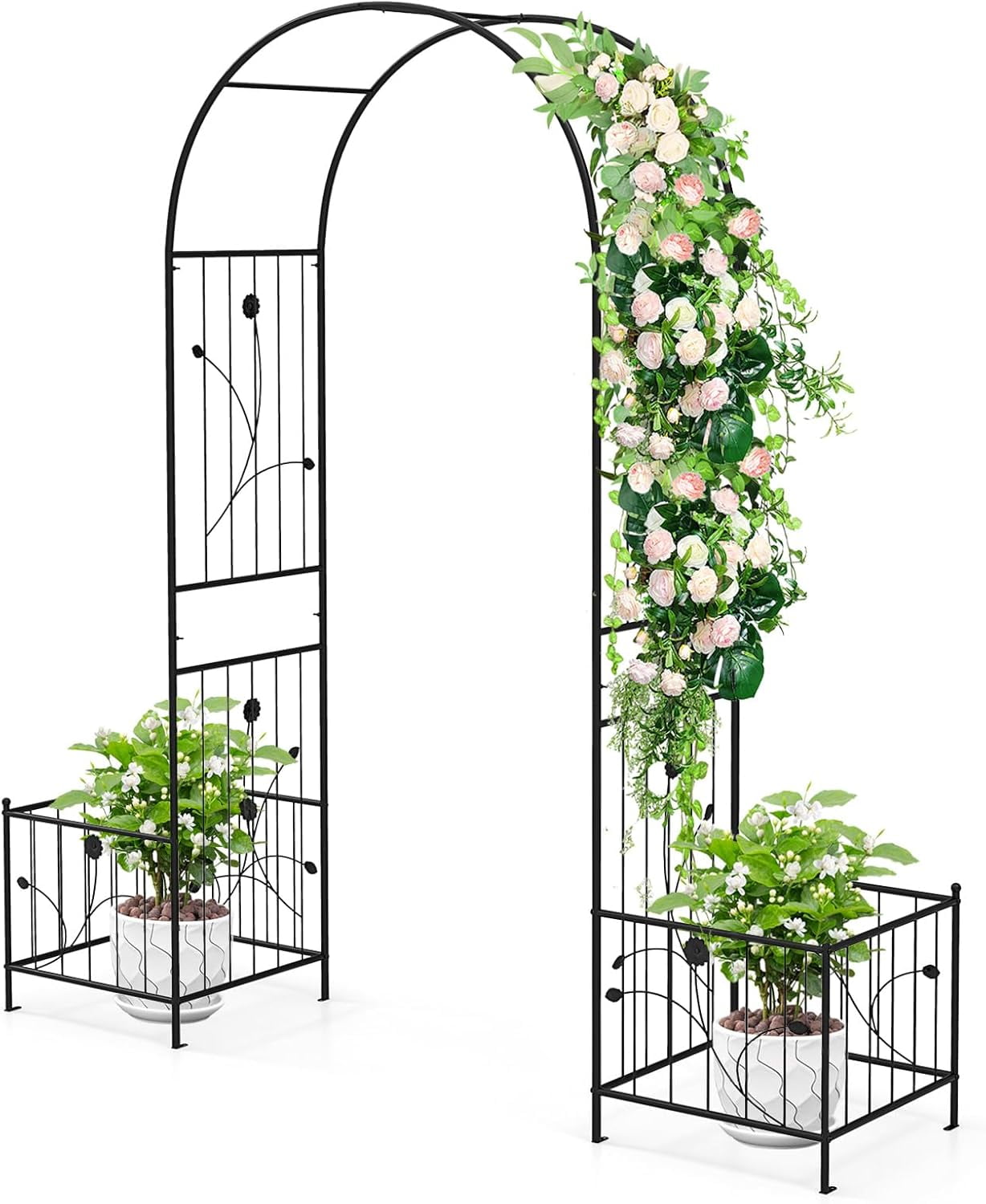 PINKYA Garden Arbor, 86" Metal Archway Pergola w/2 Side Planters, 8 ...