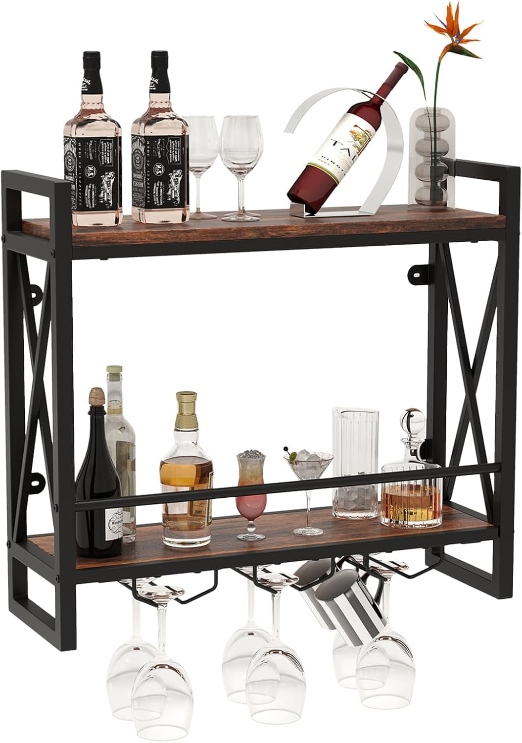PINKYA Industrial Wall Mounted Wine Rack, 2-Tier Metal Hanging Wine ...