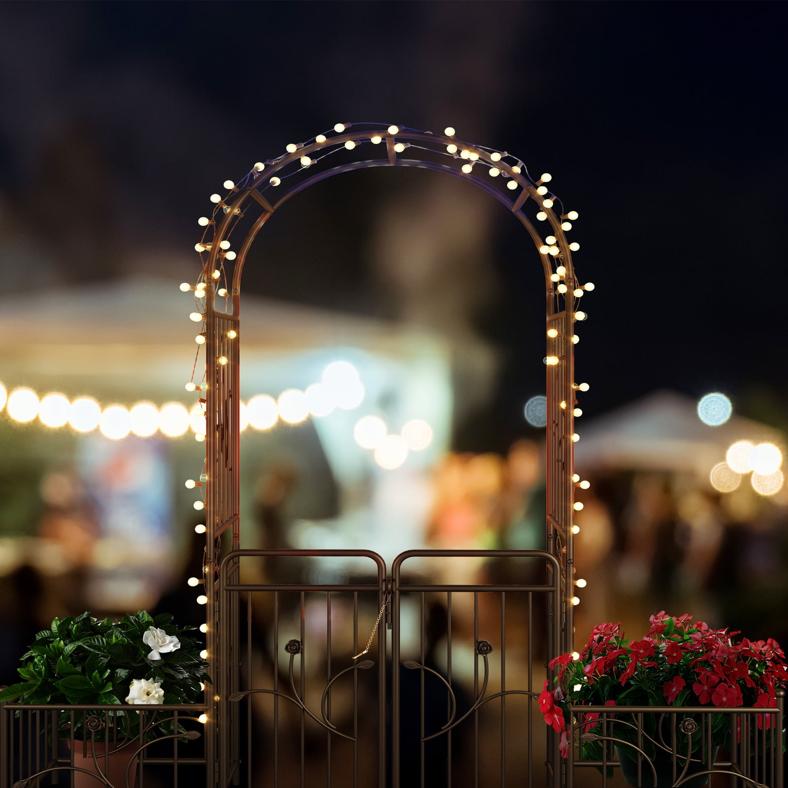 PINKYA Metal Garden Arbor with Gate & Planter Boxes, Black Archway for ...