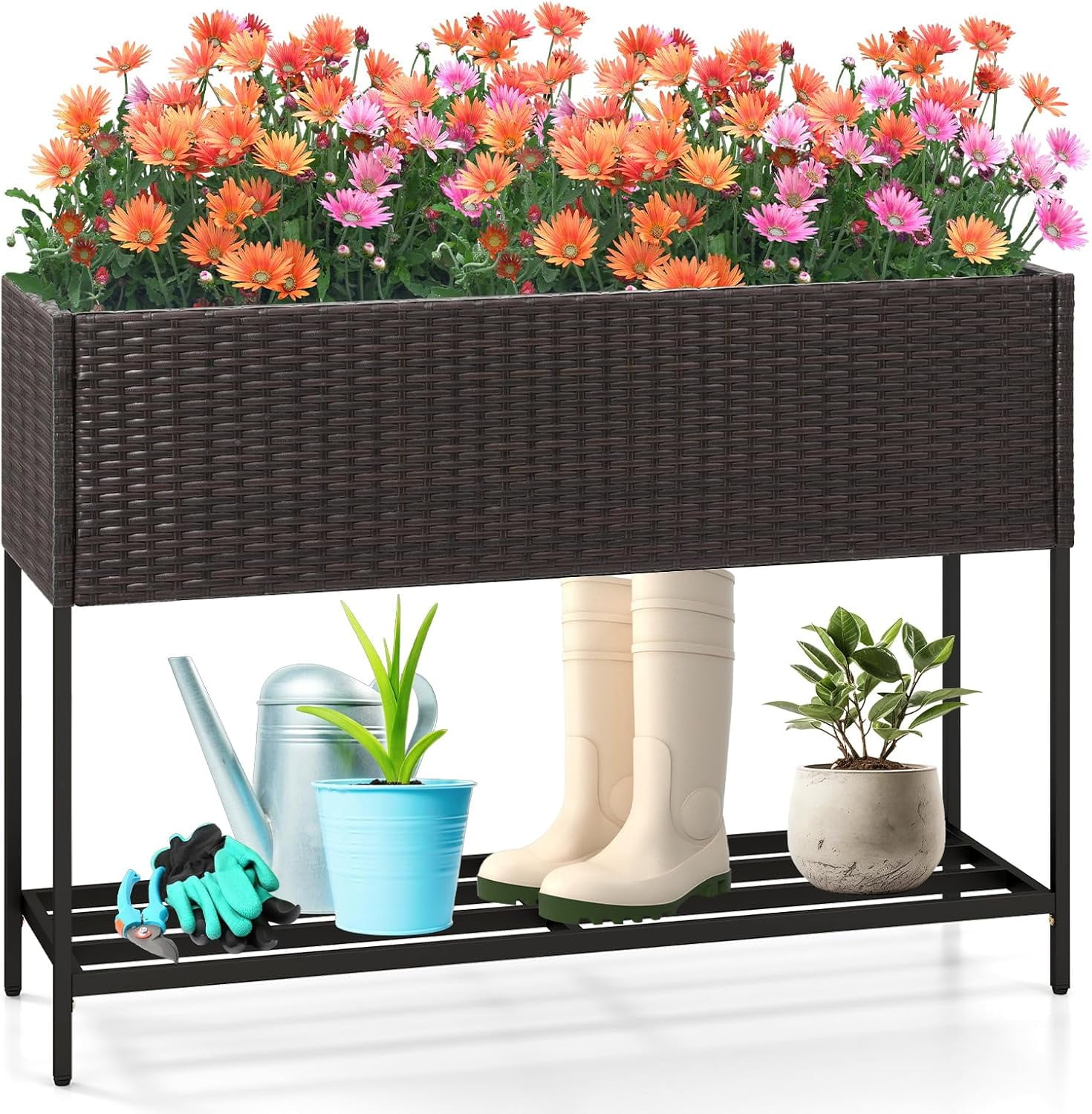 PINKYA Raised Garden Bed, Rattan Planter Raised Bed with Legs, Bottom ...
