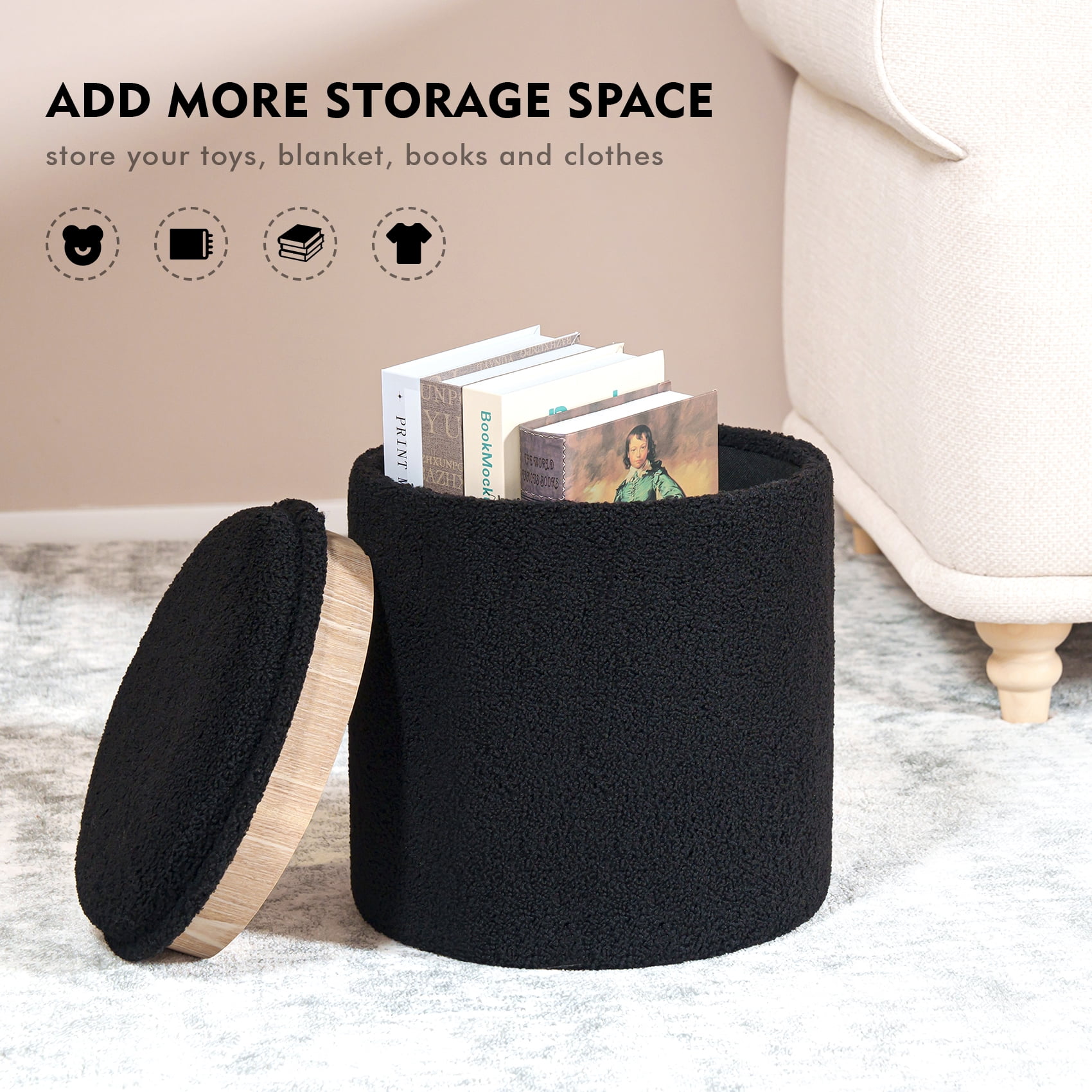 PINPLUS 13.38'' Storage Ottoman Round Teddy Coffee Table Footstool for ...