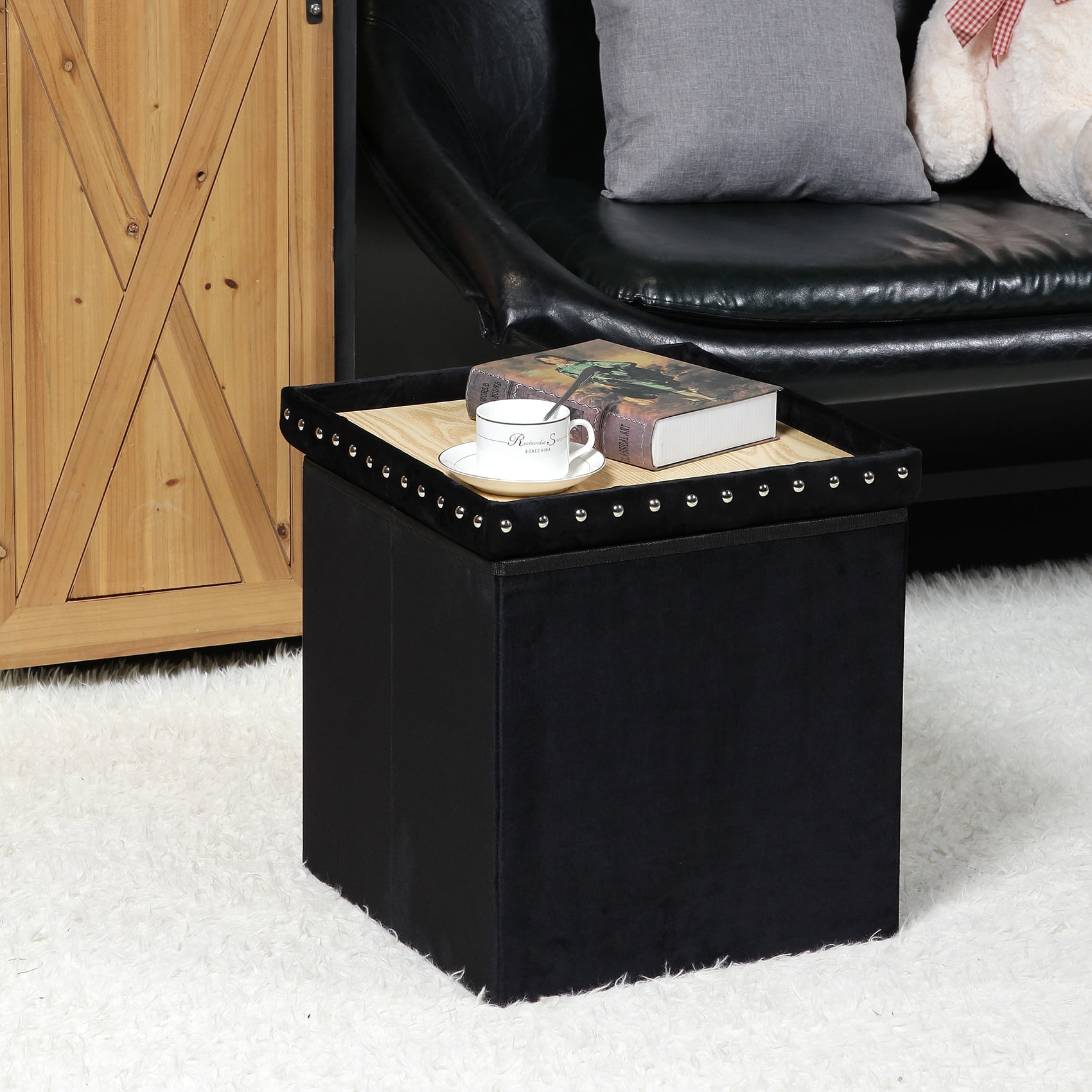 "PINPLUS 15.7"" Black Velvet Foldable Storage Ottoman Cube with Rivet ...