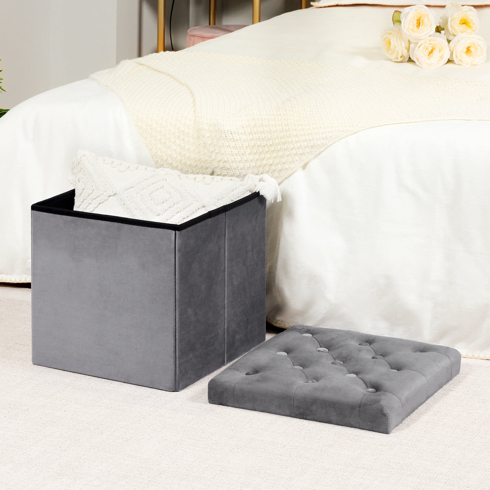 "PINPLUS 15.7"" Grey Velvet Cube Ottoman Storage Box, Collapsible ...
