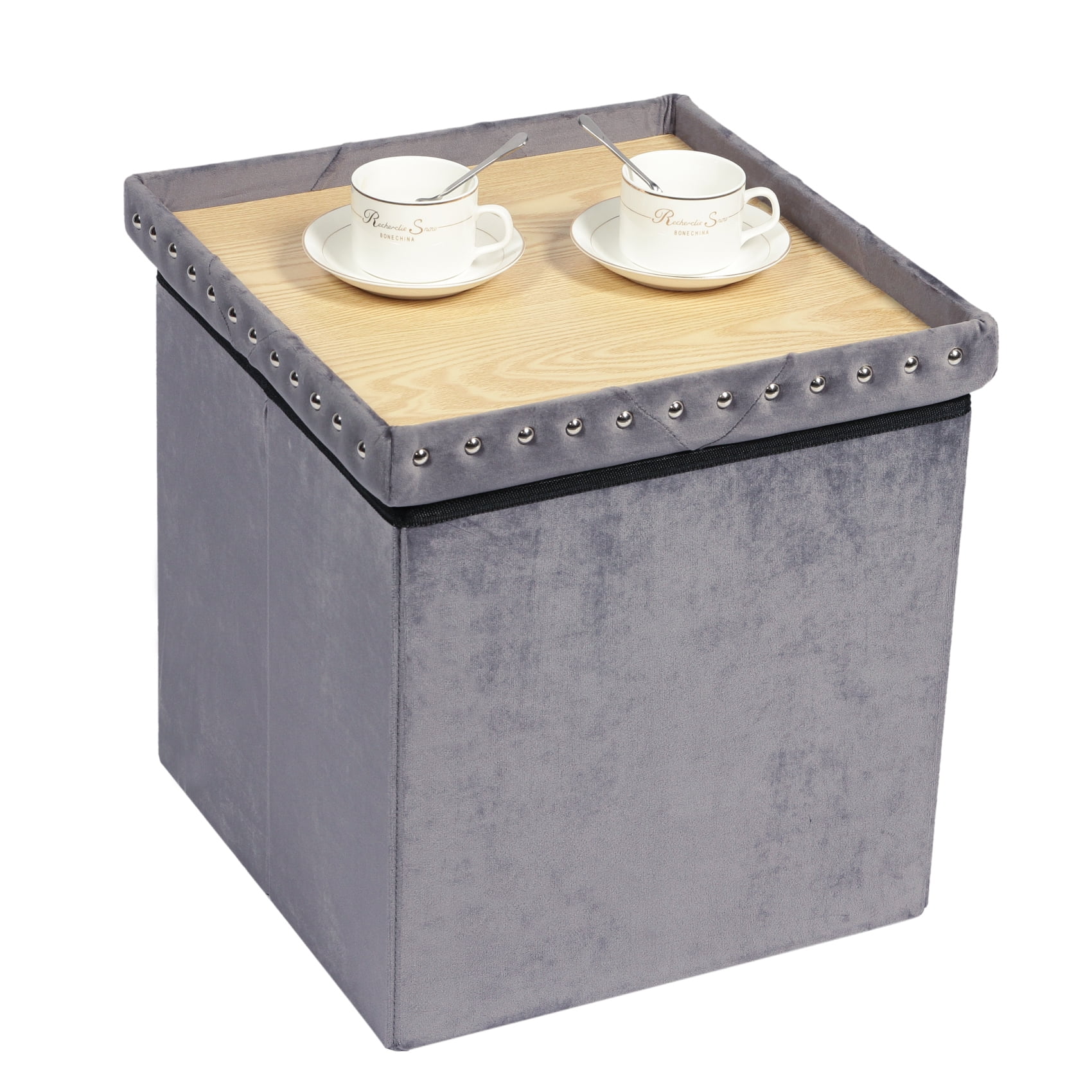"PINPLUS 15.7"" Grey Velvet Folding Ottoman Cube, Small Stool, Toy ...