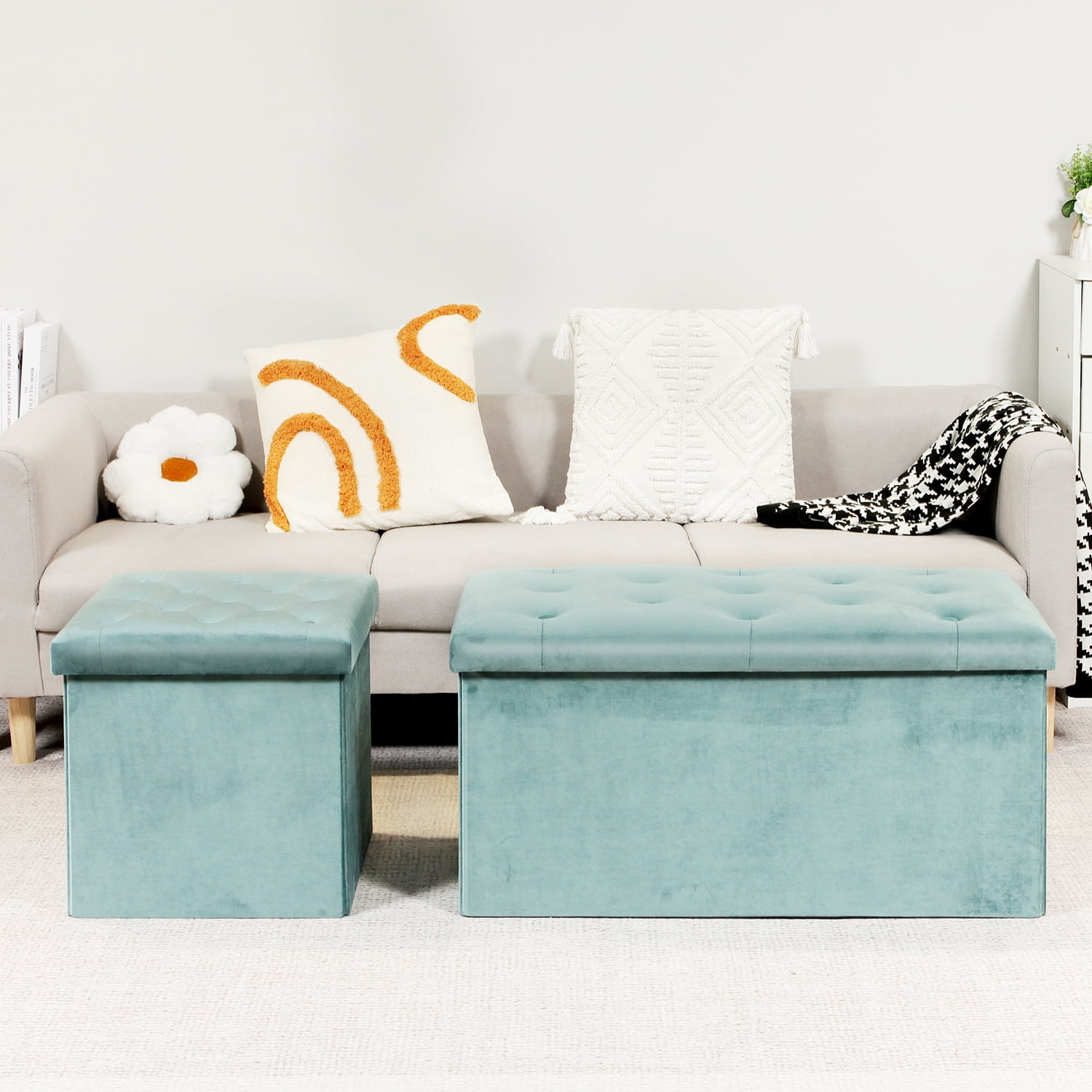 "PINPLUS Foldable 30"" & 15"" Ottoman with Large Storage & Seat, Velvet ...