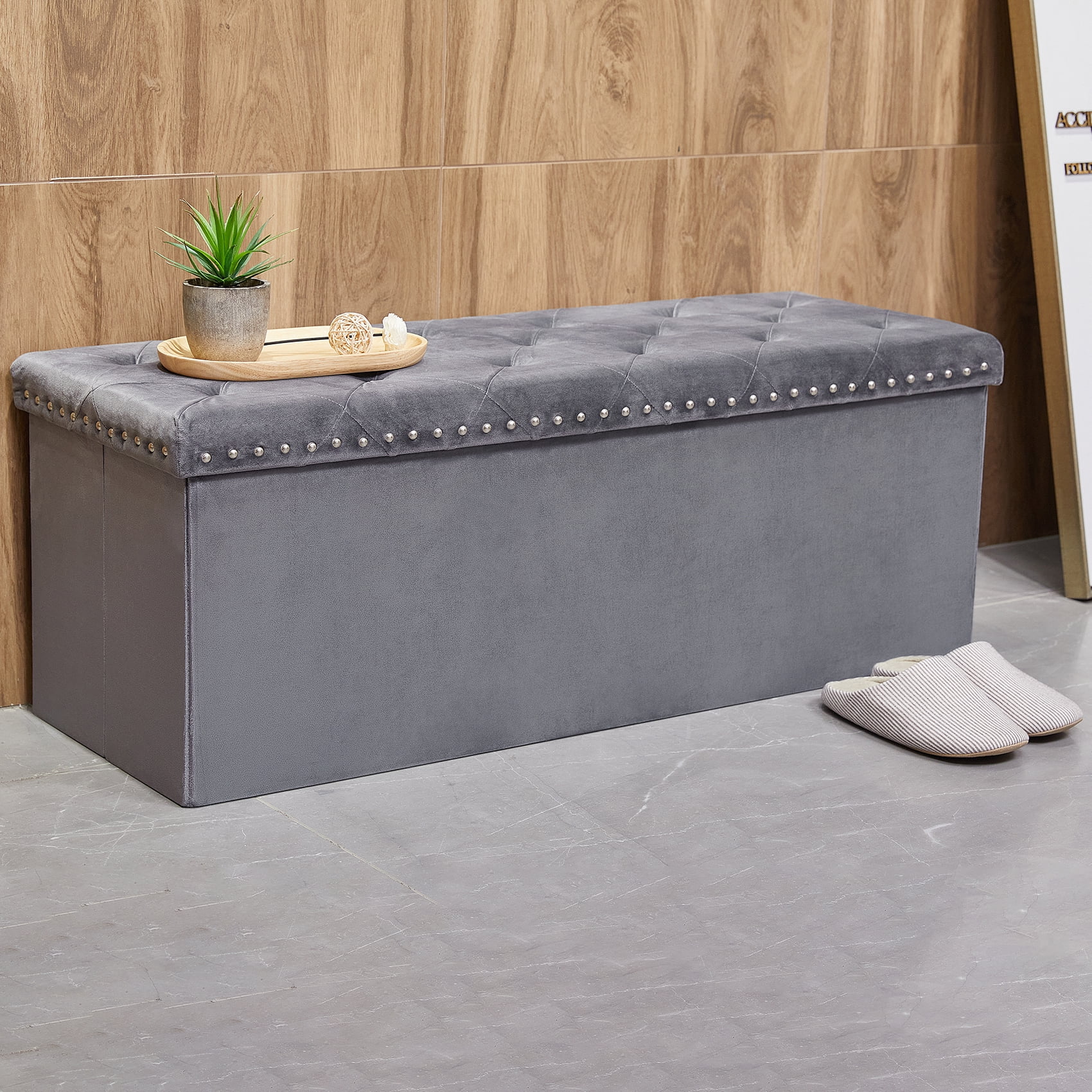 "PINPLUS 43.3"" Grey Velvet Ottoman, Extra Large Bed End Storage Box ...