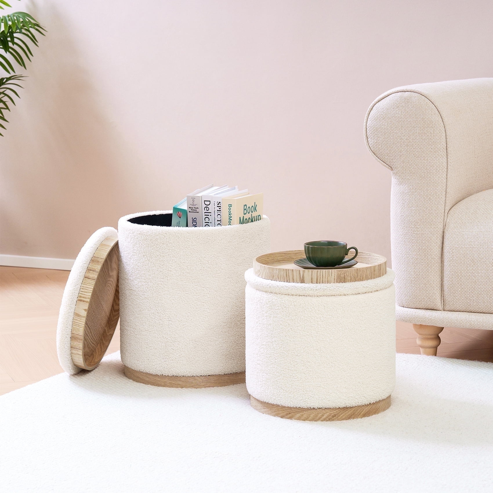 PINPLUS Round Ottoman with Storage Set of 2 Stool Ottomans Round Sherpa ...