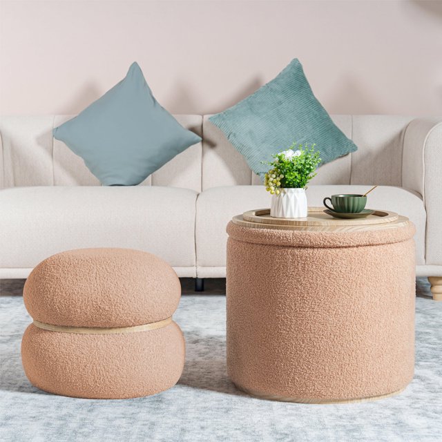 PINPLUS Storage Ottoman Modern Teddy set Round Ottoman with Storage Set ...