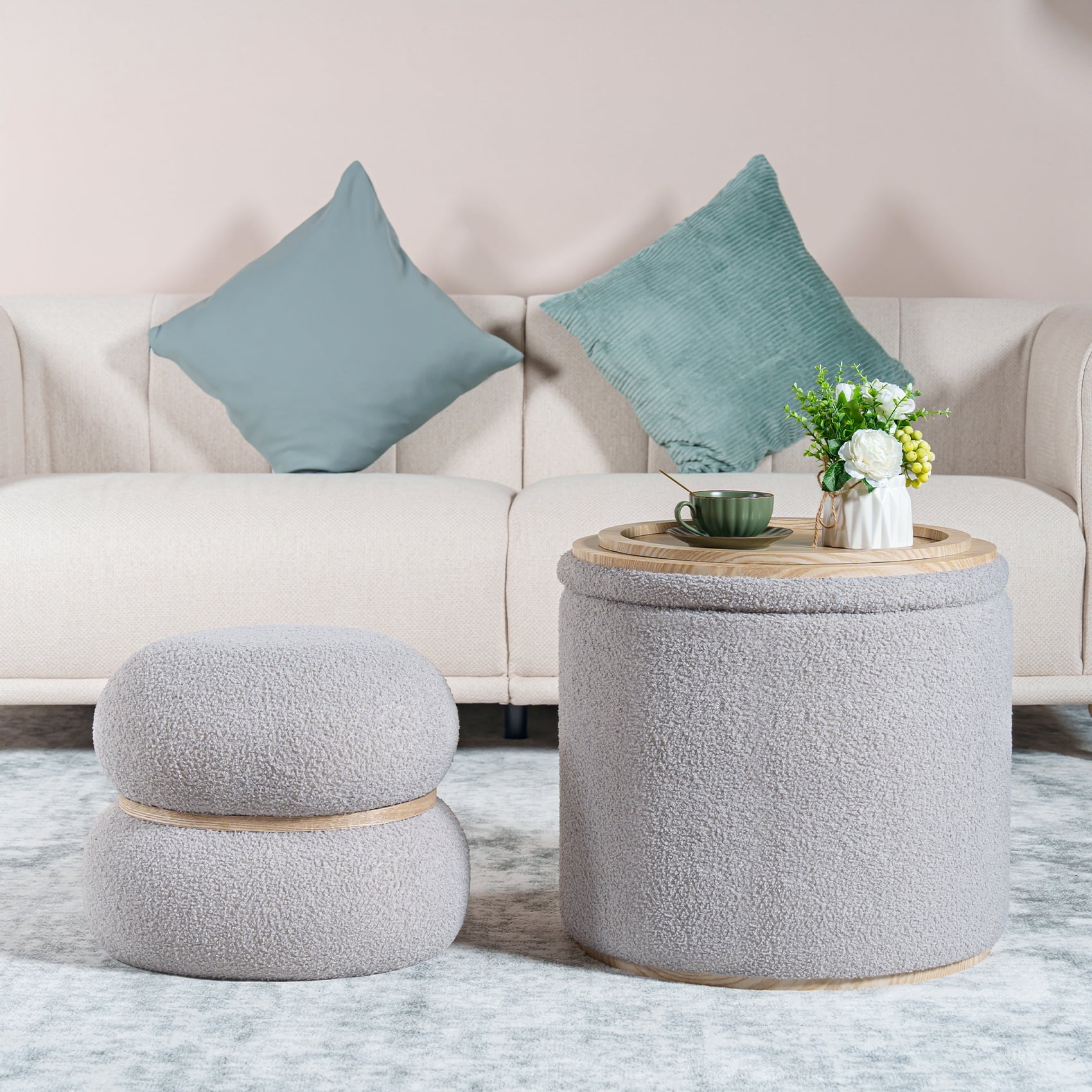 PINPLUS Storage Ottoman Modern Teddy set Round Ottoman with Storage Set ...