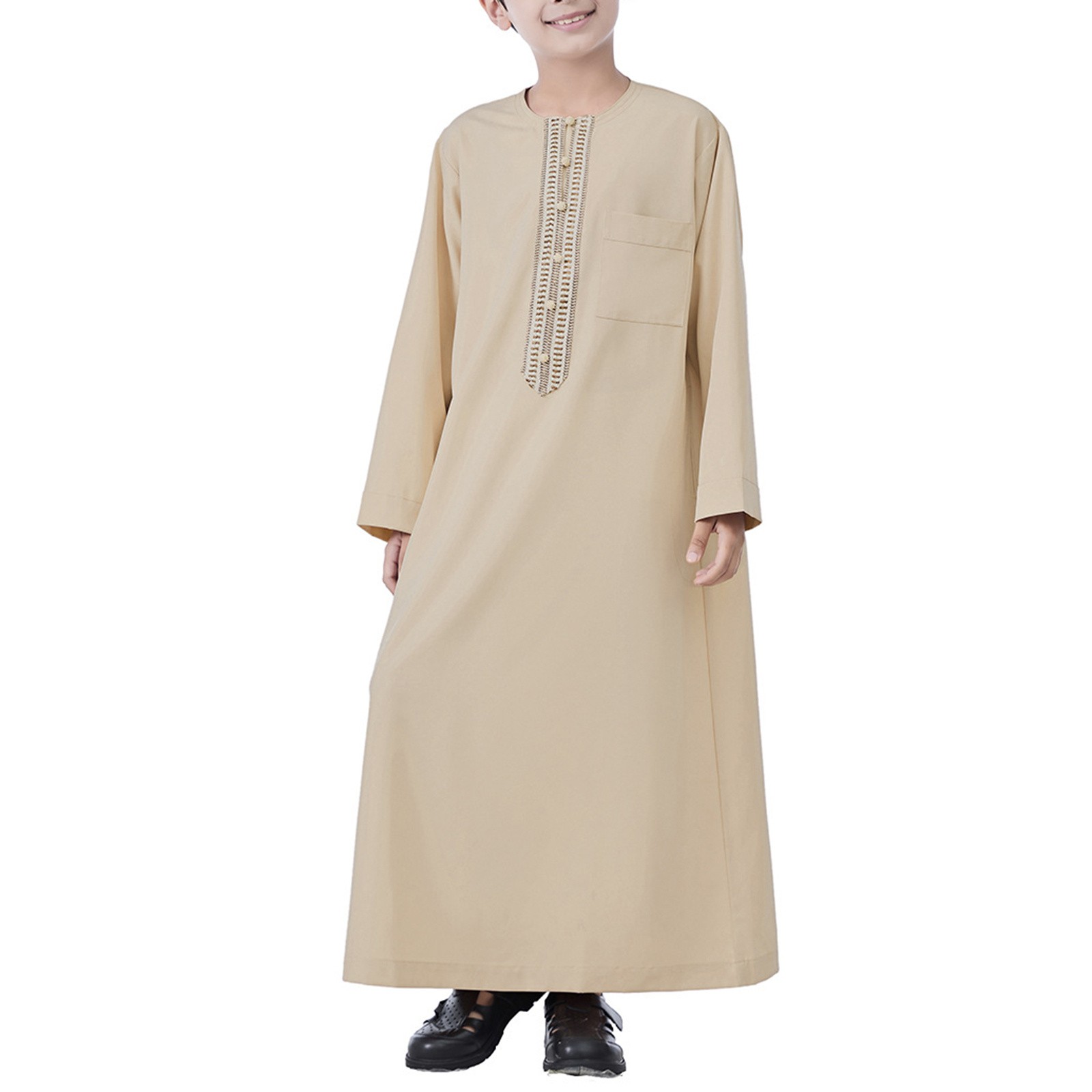 PINQI Boys Long Muslim Thobe Plain Lace Embroidery 𝐈slamic Traditional ...