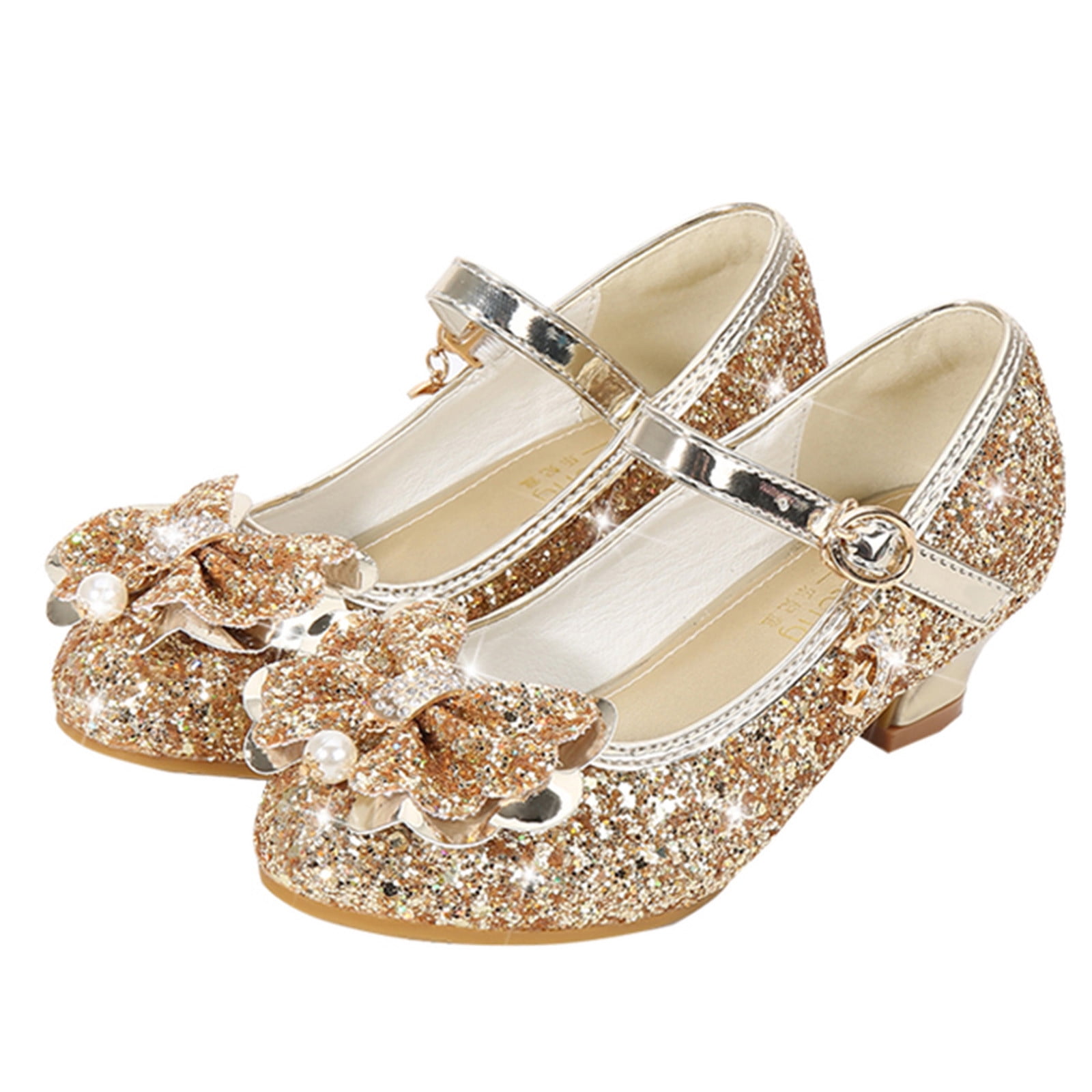 PINQI Girls Kids Dress Dance High Heel Shoes Pearl Sequins Glitter Bow ...