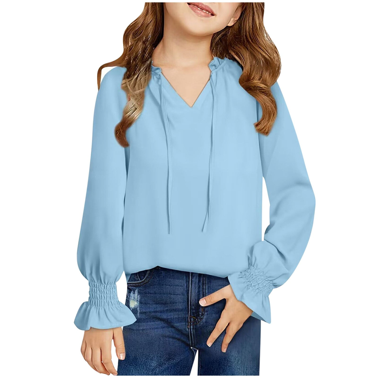 PINQI Girls Long Sleeve Shirts Smocked Ruffle Top V Neck Plain Kids ...