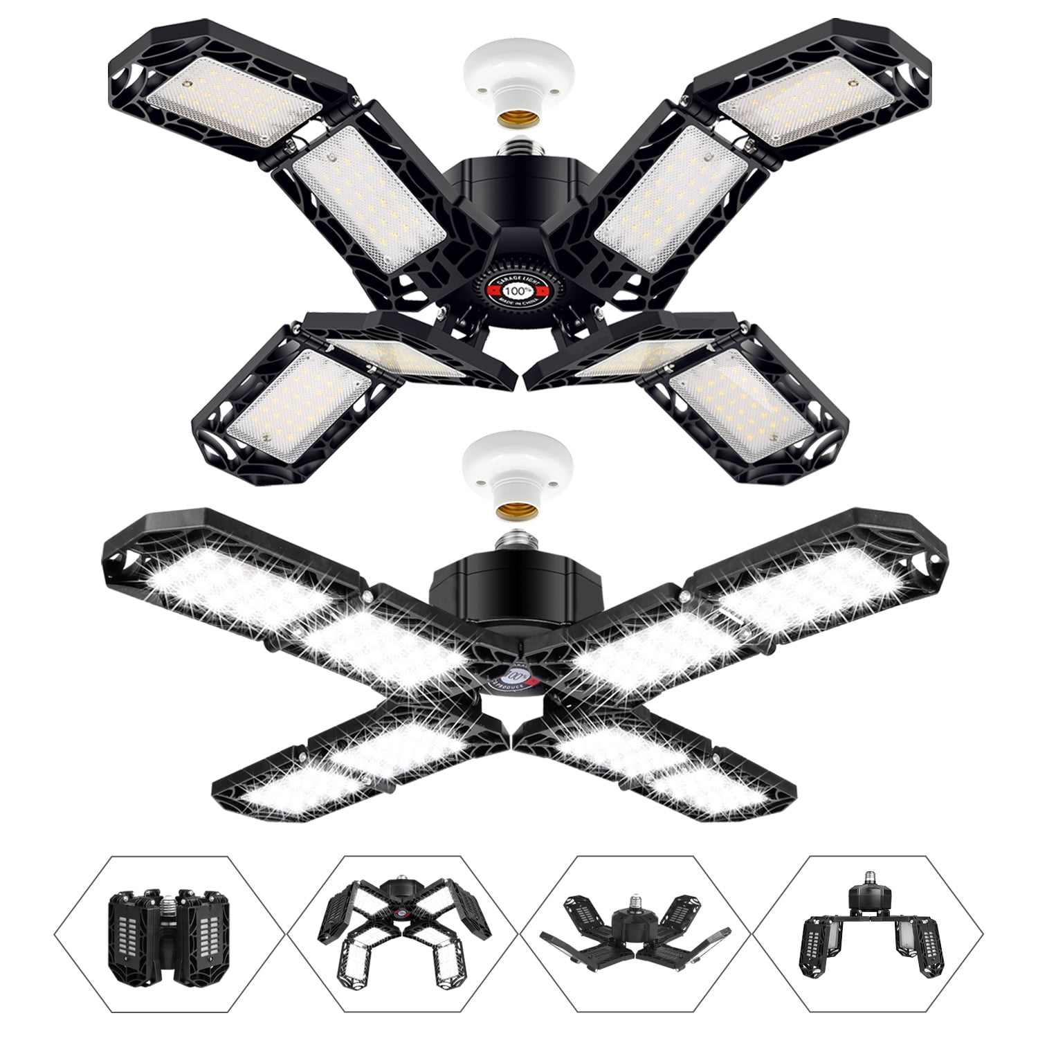 PINSAI LED Garage Light, 2 Pack, 150W, 8 Adjustable Panels, E26/E27 ...