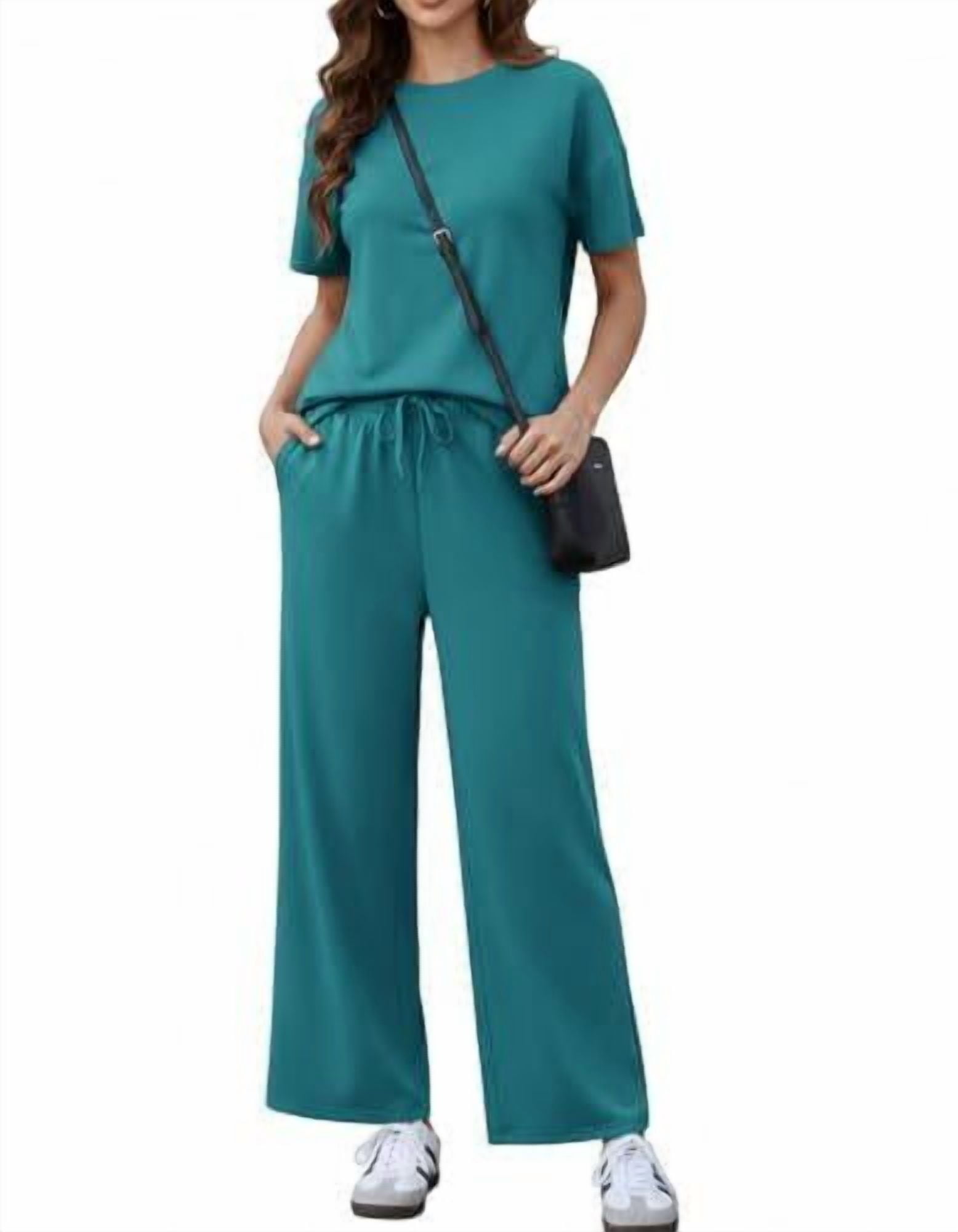 Pinspark 2 Piece Sets for Women Soft Short Sleeve Tracksuit Wide Leg ...