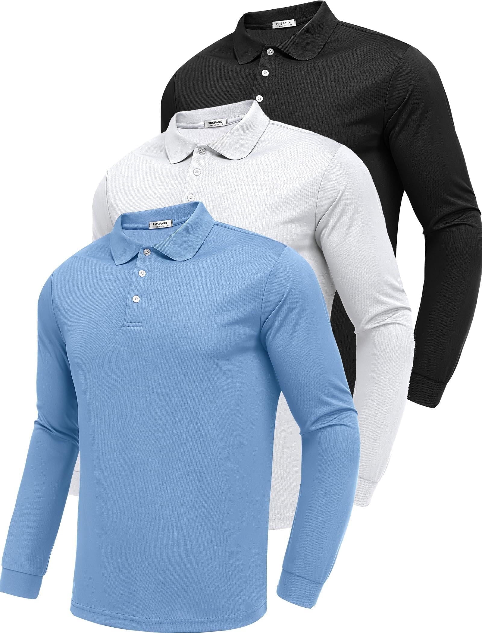 Pinspark 3 Pack Men's Long Sleeve Golf Polo Shirts Athletic Casual ...