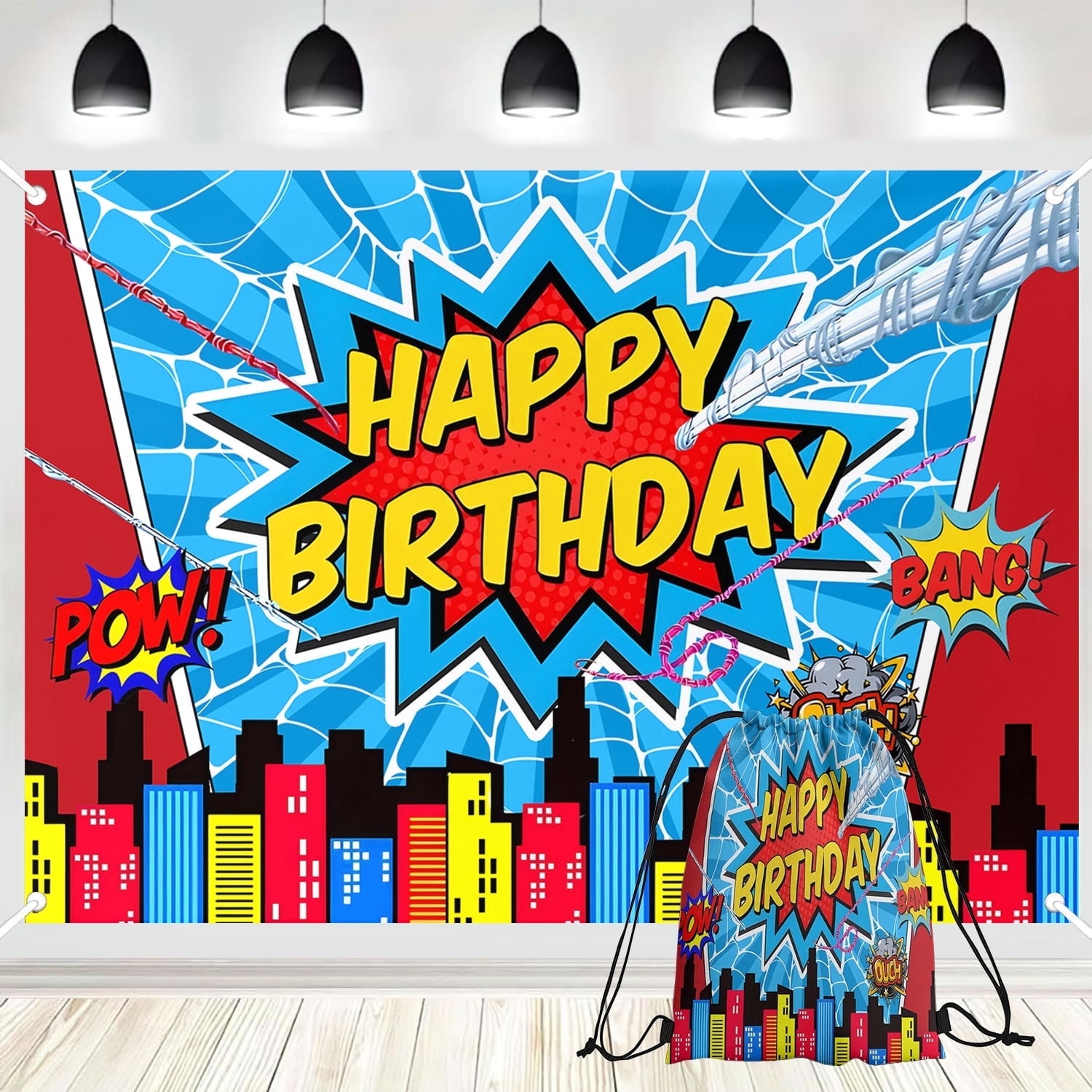 PINUO Spider Backdrop Happy Birthday Red City Colorful Background ...