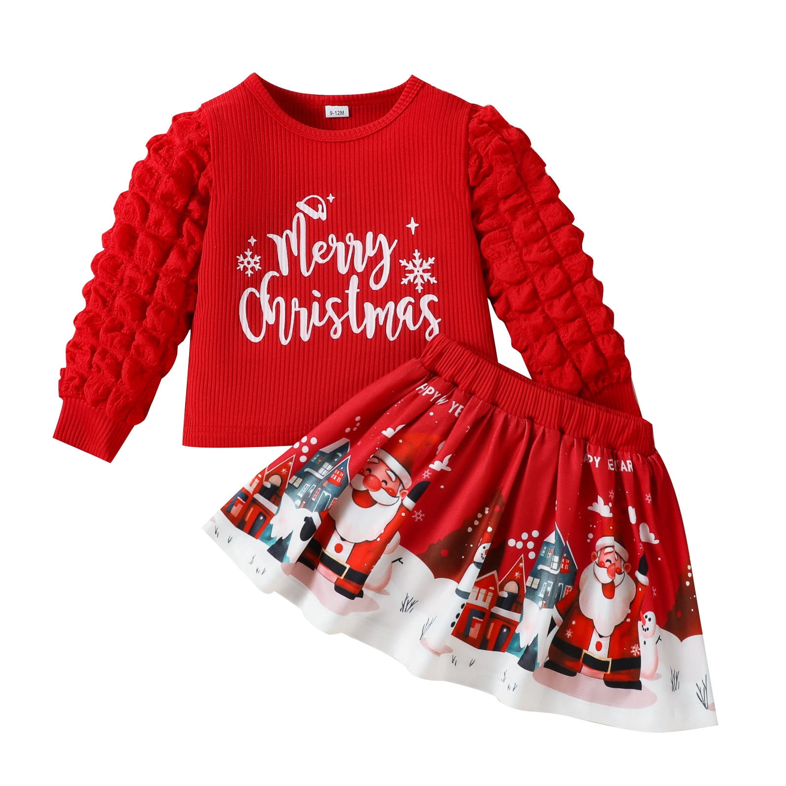 PIOMLL Outfit Sets for Girls Puff Sleeves Merry Christmas Letter Shirt ...