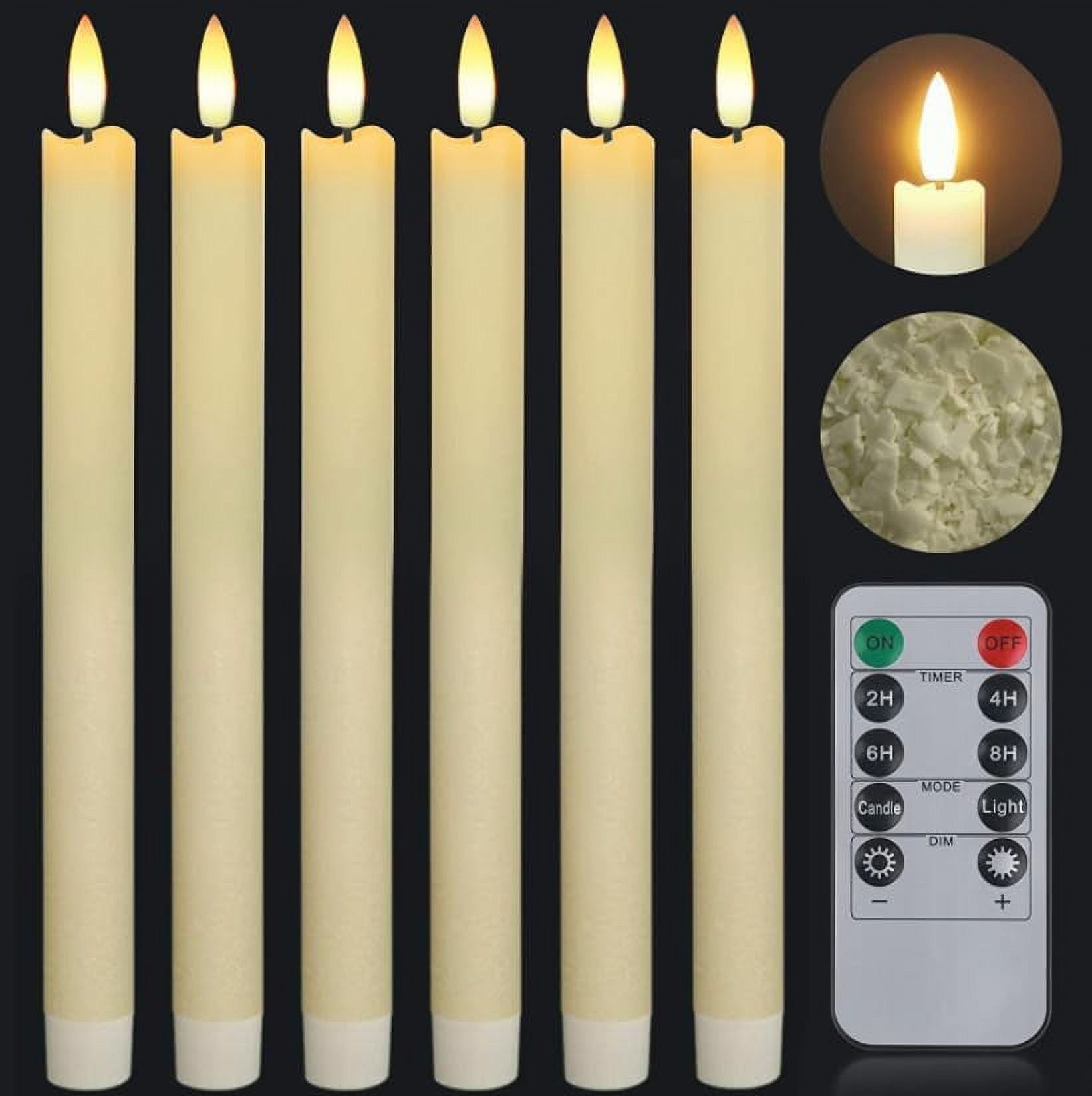 PIPETPET 6-Pack Flameless Ivory Taper Candles, Battery Operated, 10-Key ...