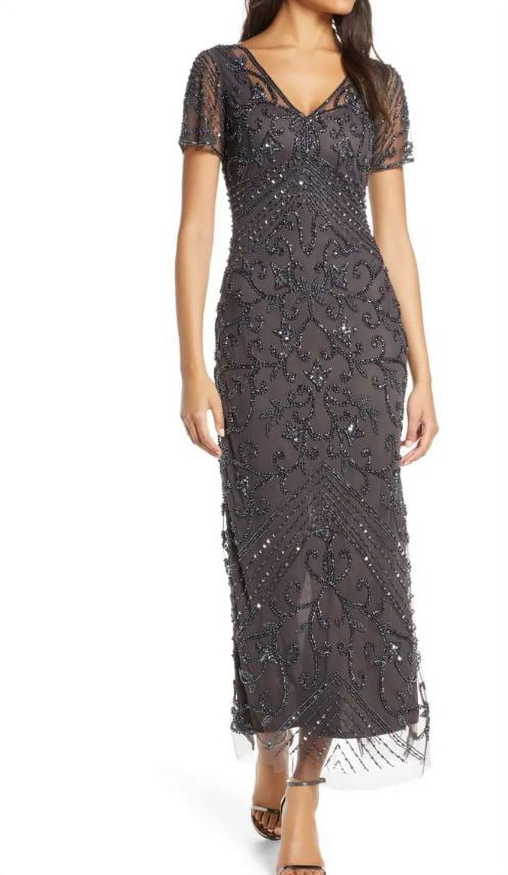 PISARRO NIGHTS Women's Long Slate Beaded Mesh Column Gown, Size 8 ...